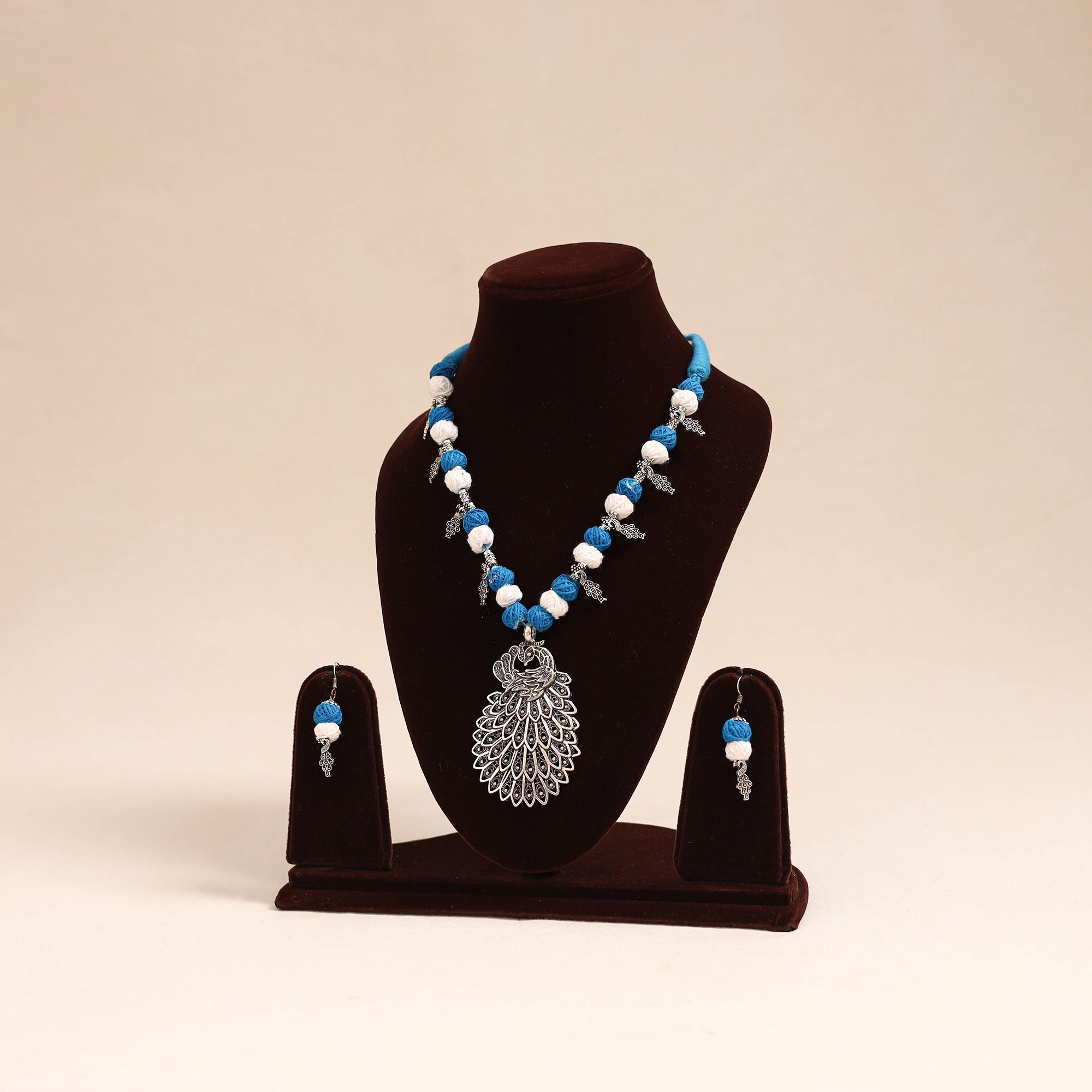 Blue German Silver Thread Beads Necklace Set