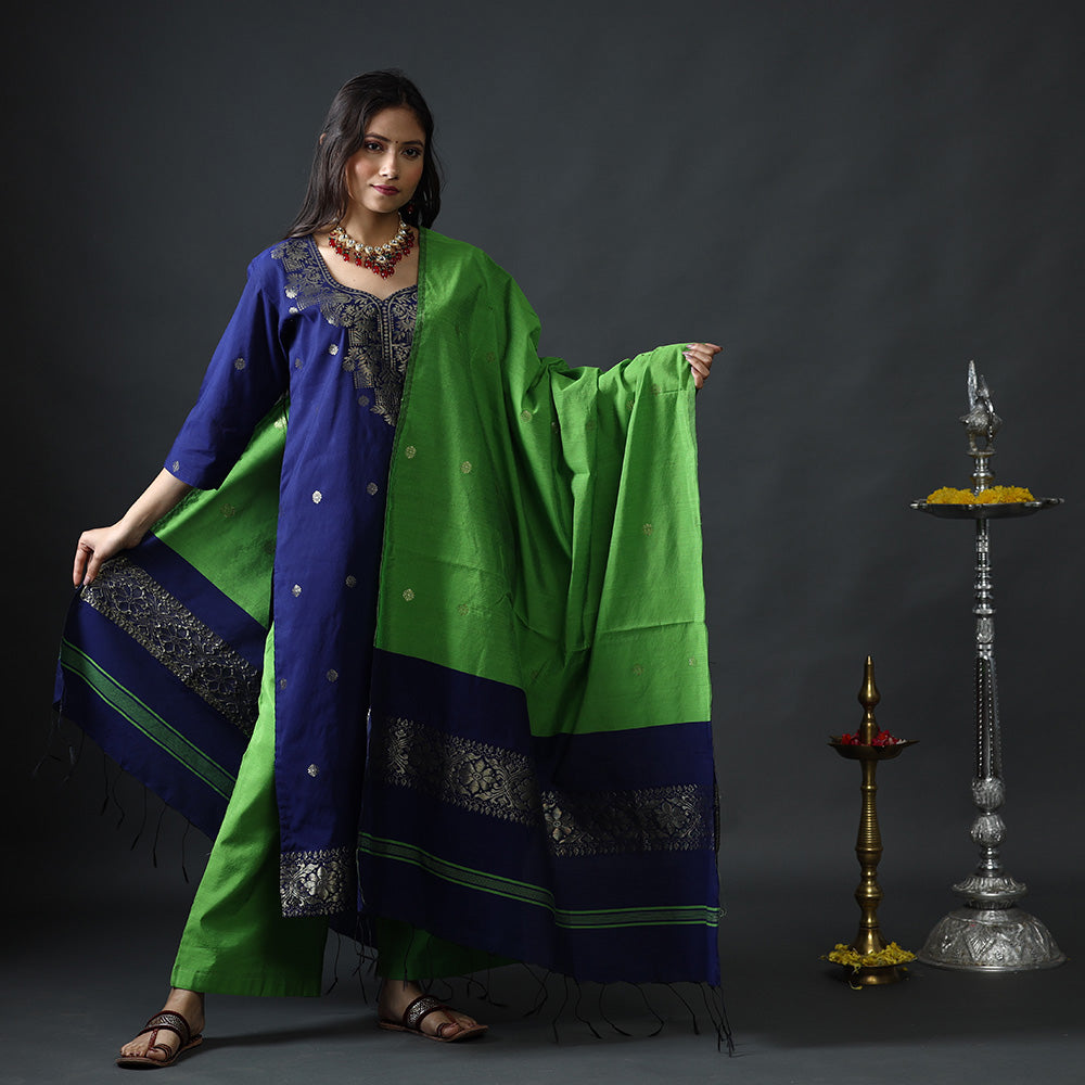 Phulia Jamdani Silk Kurta with Palazzo & Dupatta Set