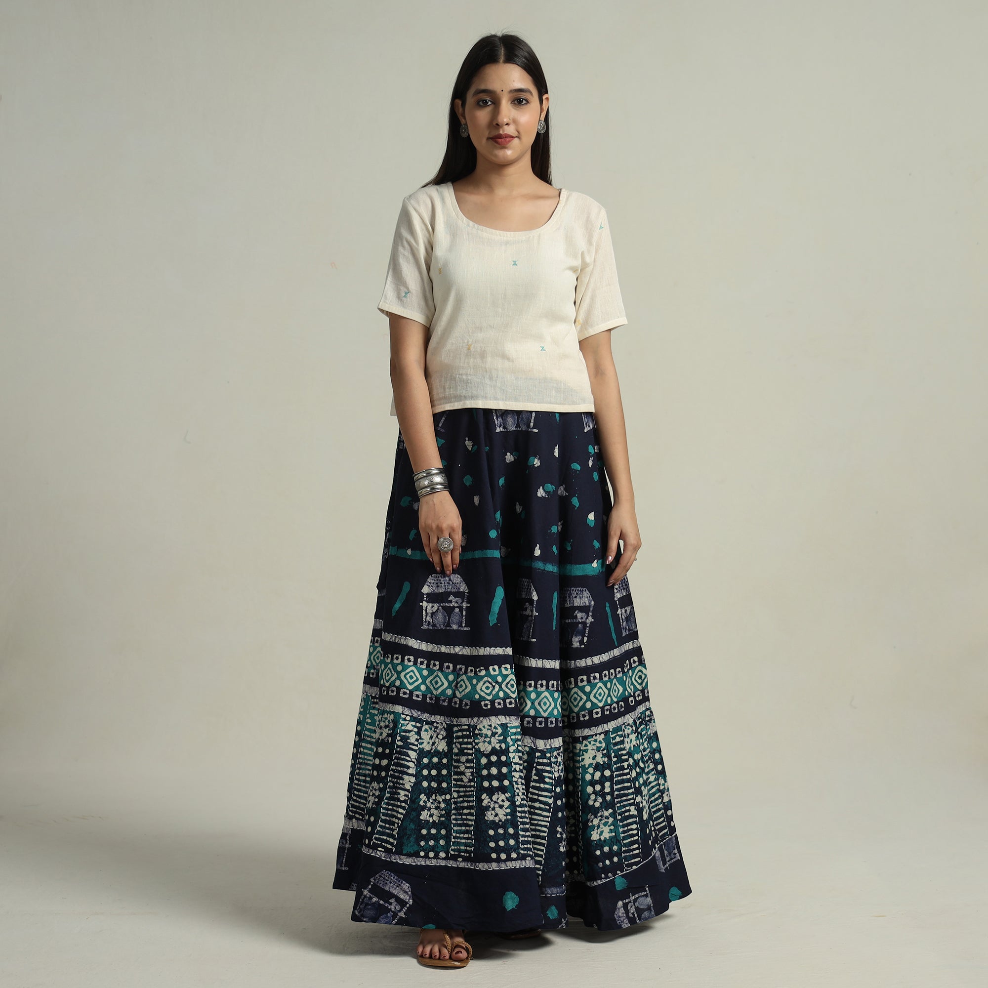Hand Batik Printed Running Stitch Cotton Long Skirt 54