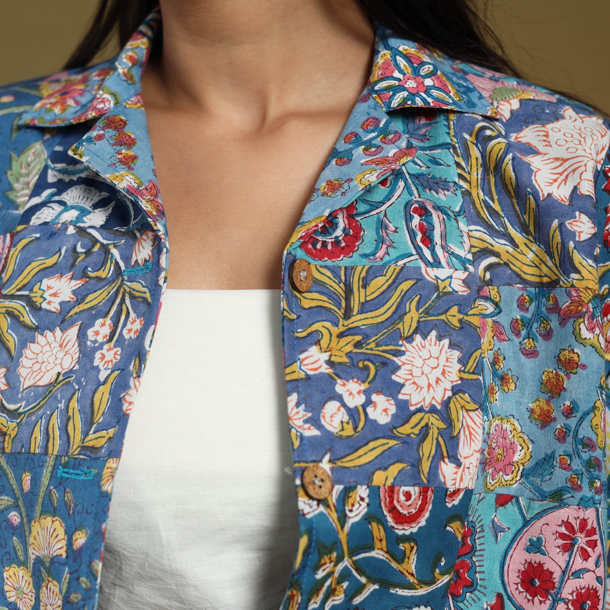 Blue Hand-Stitched Mosaic Cotton Women’s Jacket
