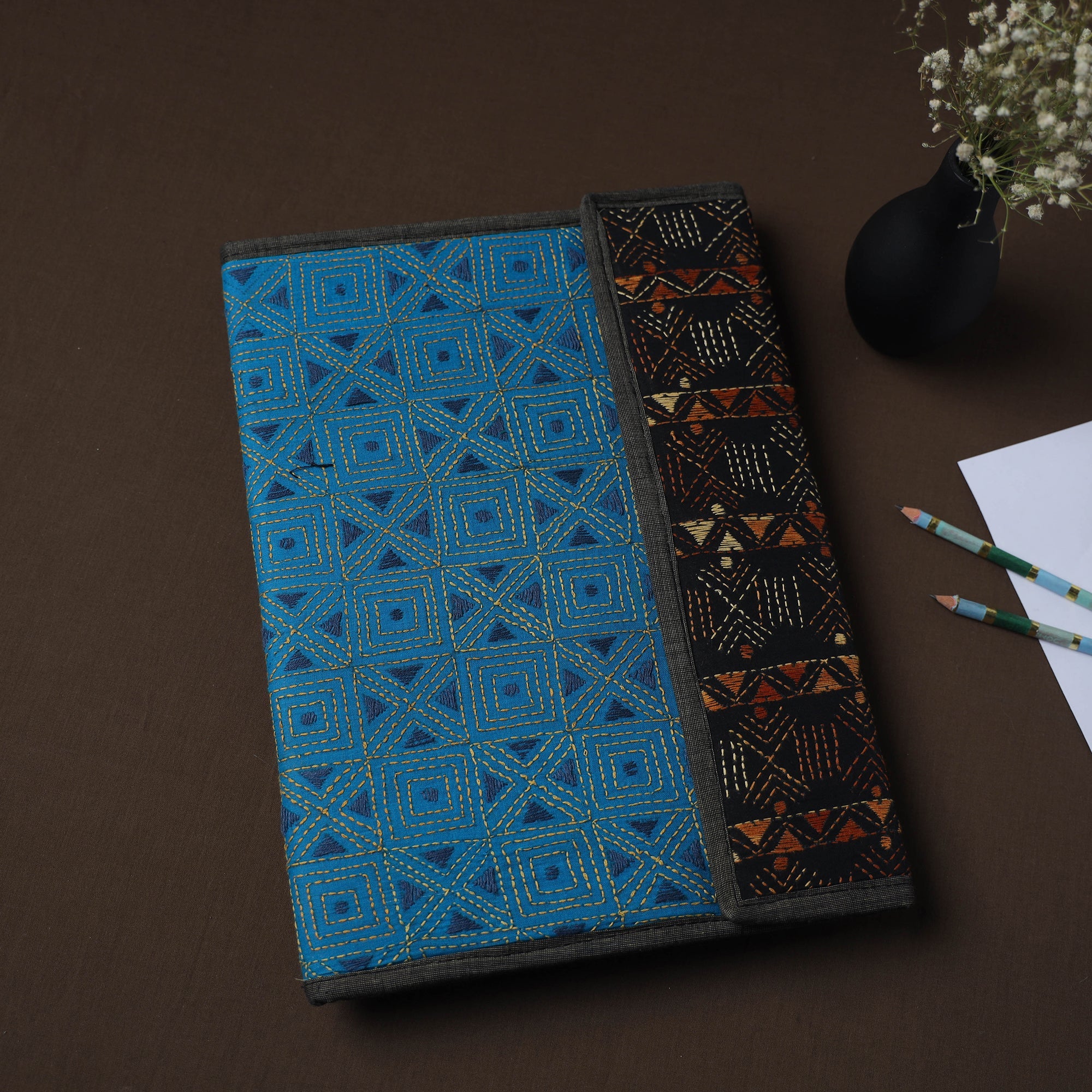 Blue Handcrafted Bengal Kantha Work File Folder