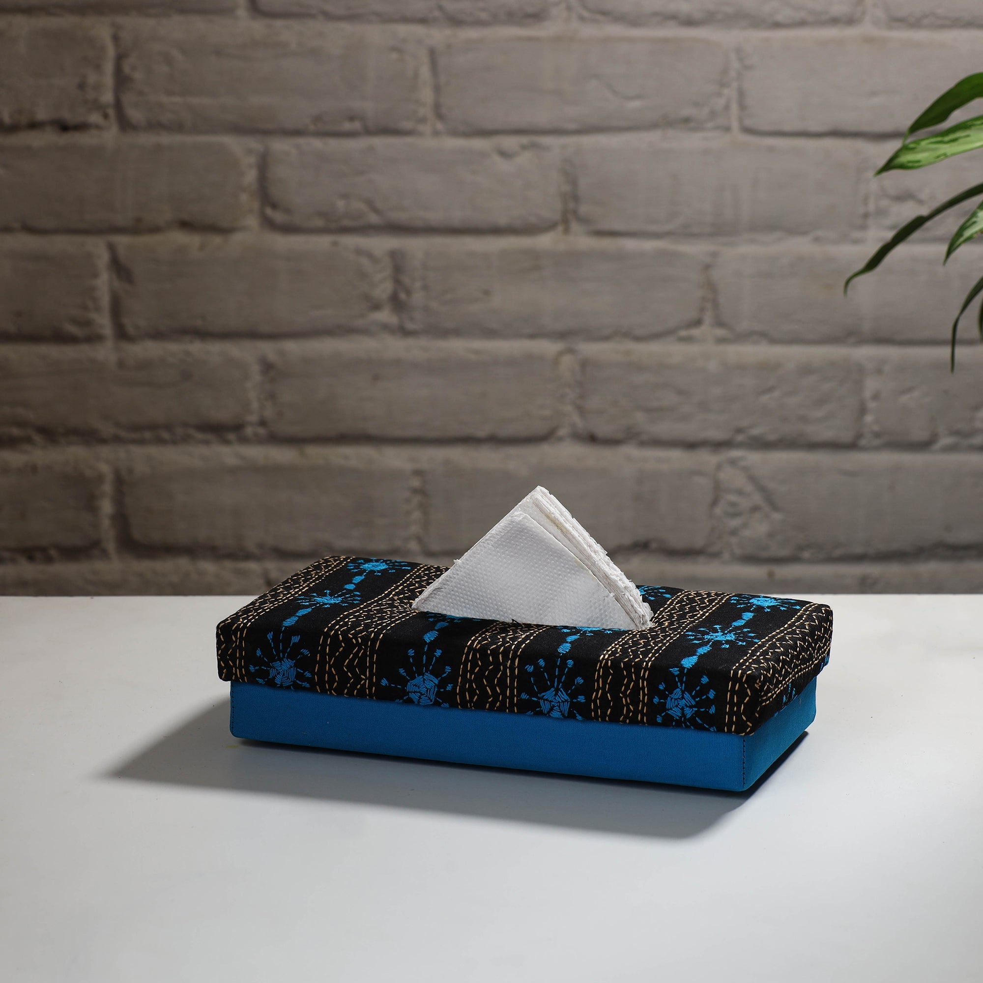 Blue Handcrafted Bengal Kantha Work Tissue Box