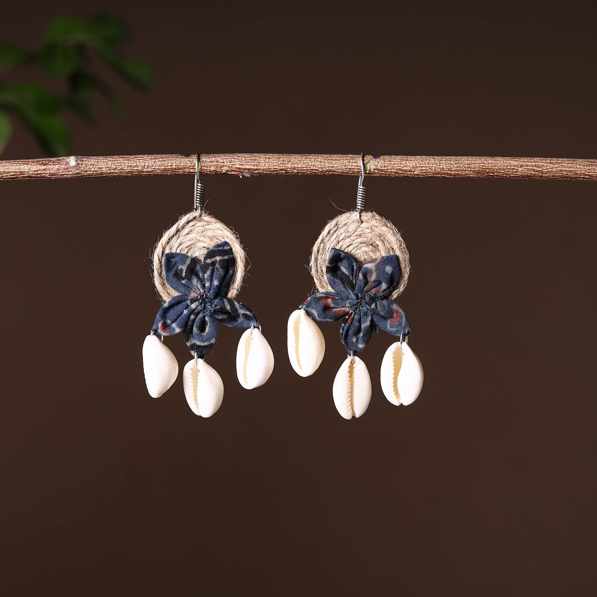 Blue Handcrafted Jute Phool Kali Shell Earrings