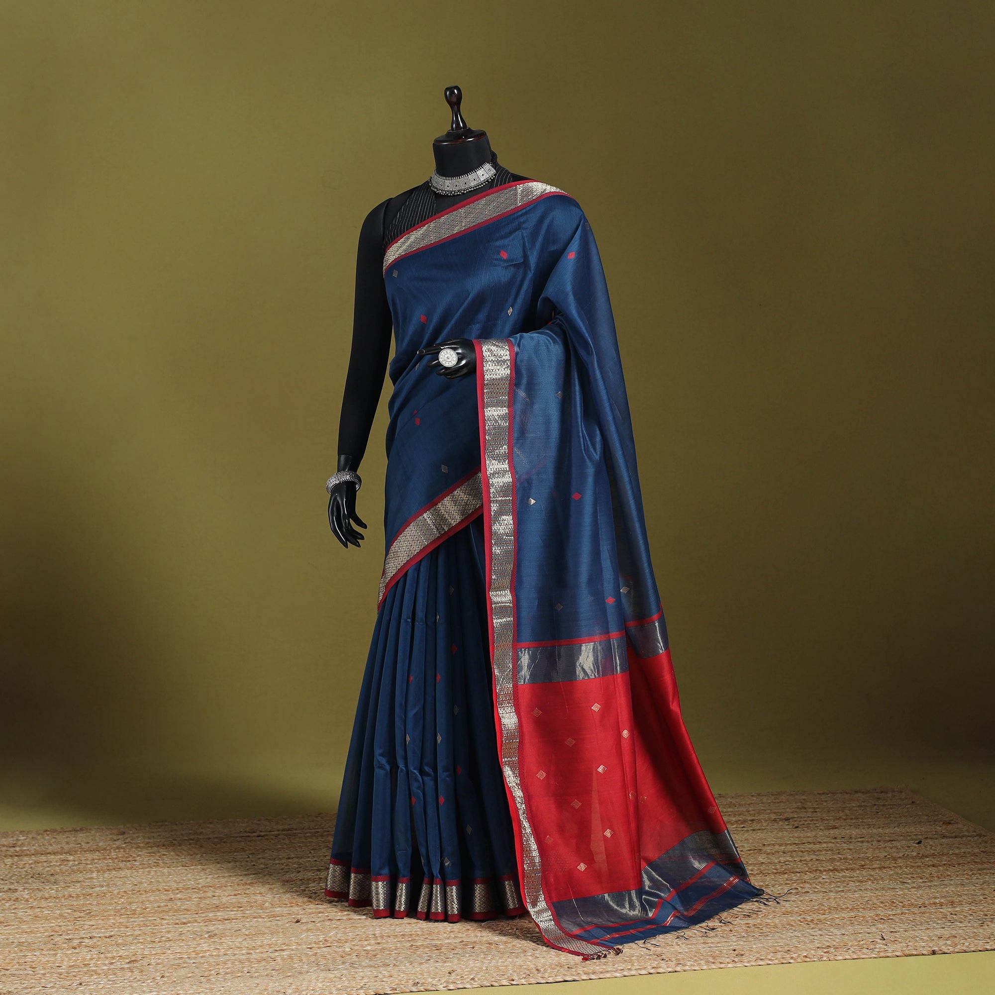 Blue Handloom Silk Cotton Buti Maheshwari Saree with Zari Border