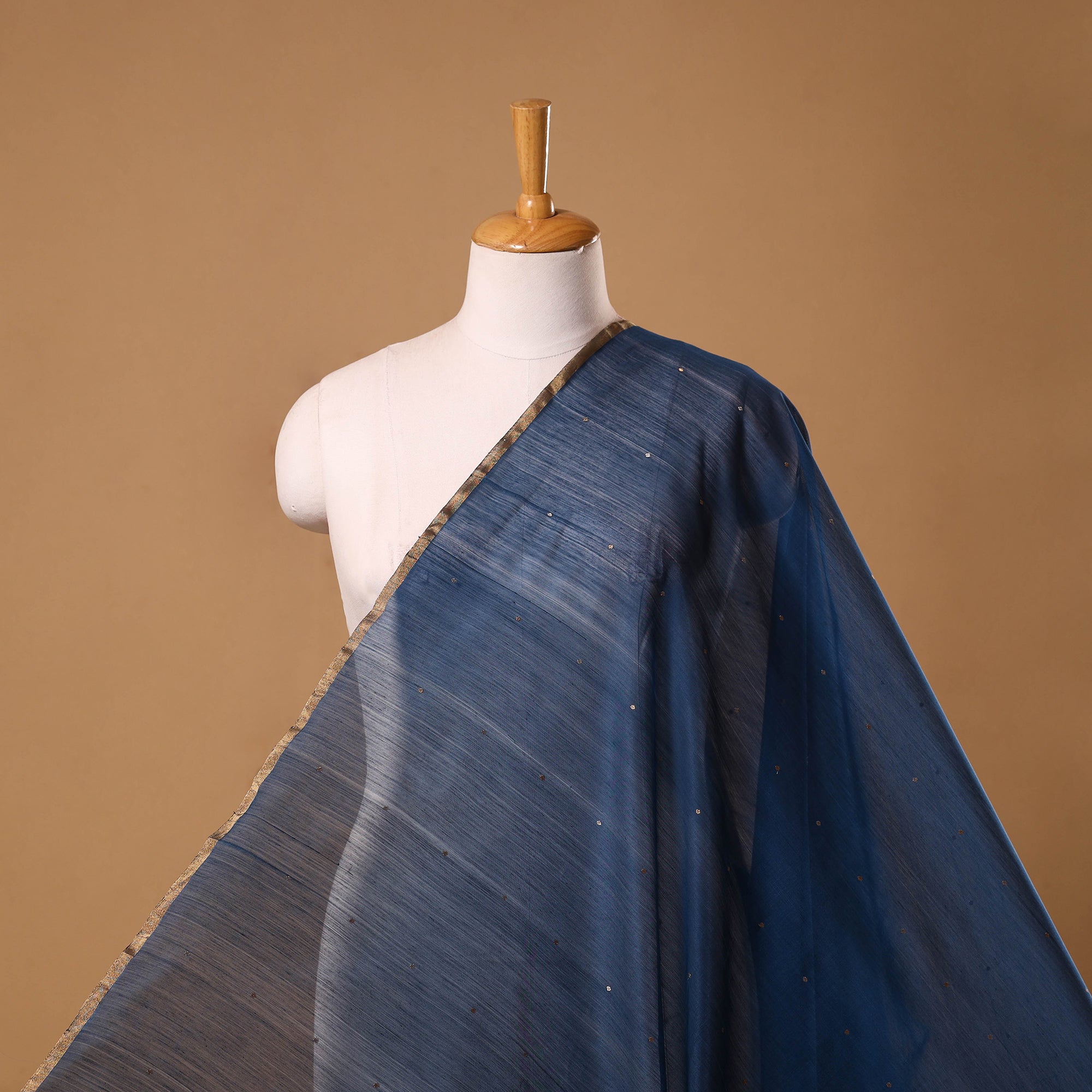 Blue Handloom Zari Buti Chanderi Silk Fabric