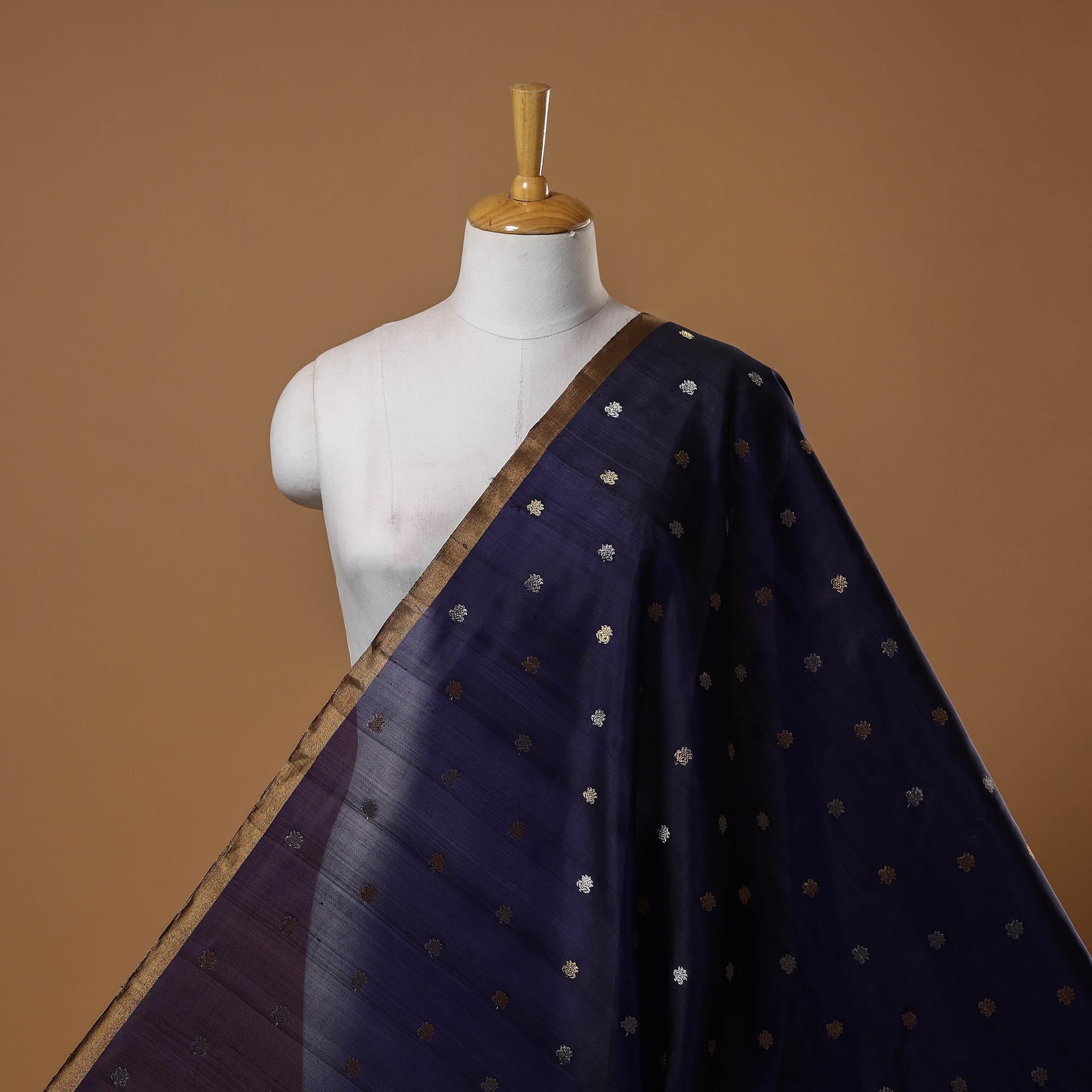 Blue Handloom Zari Buti Pure Chanderi Silk Fabric