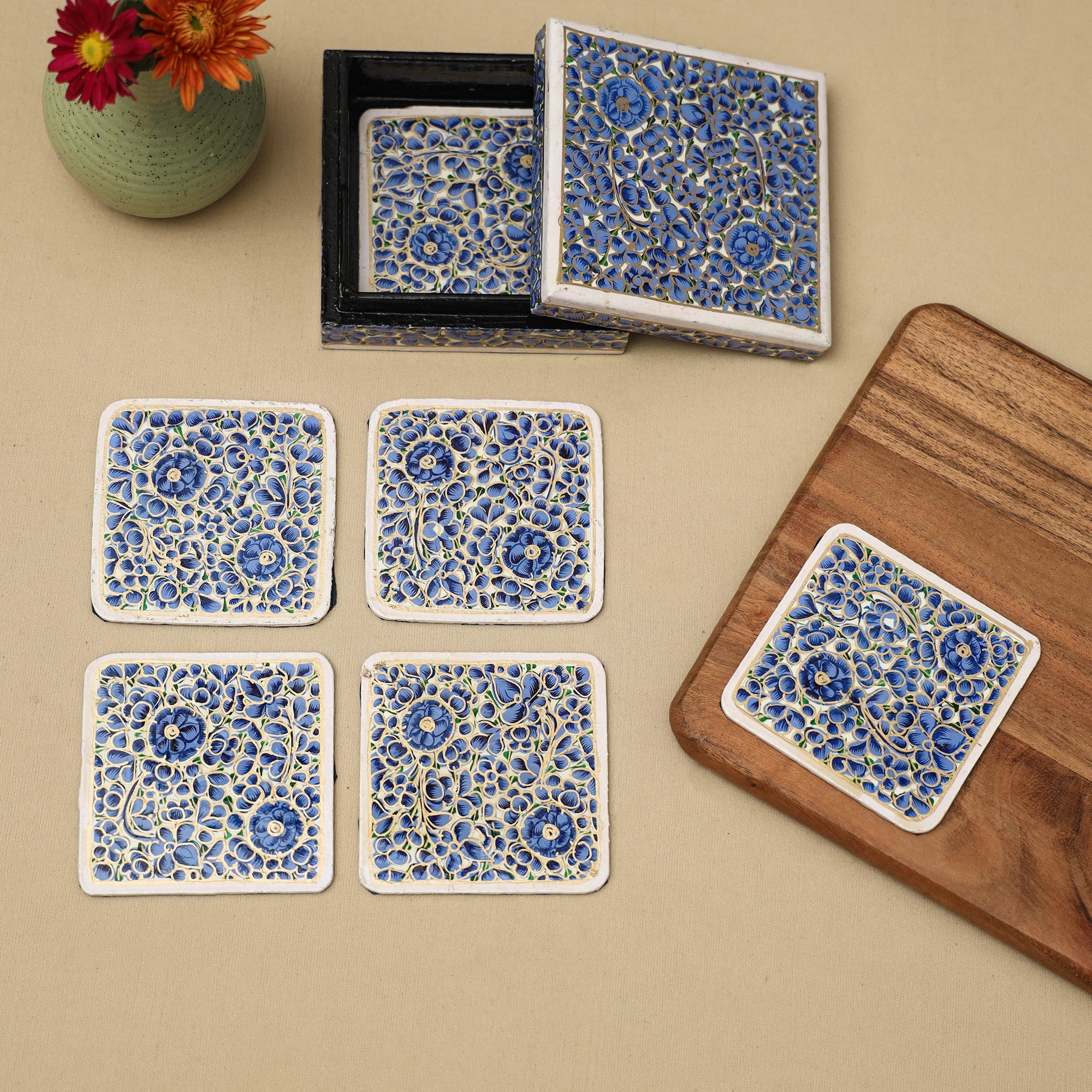 Blue Handpainted Paper Mache Coaster with Box (Set of 6)