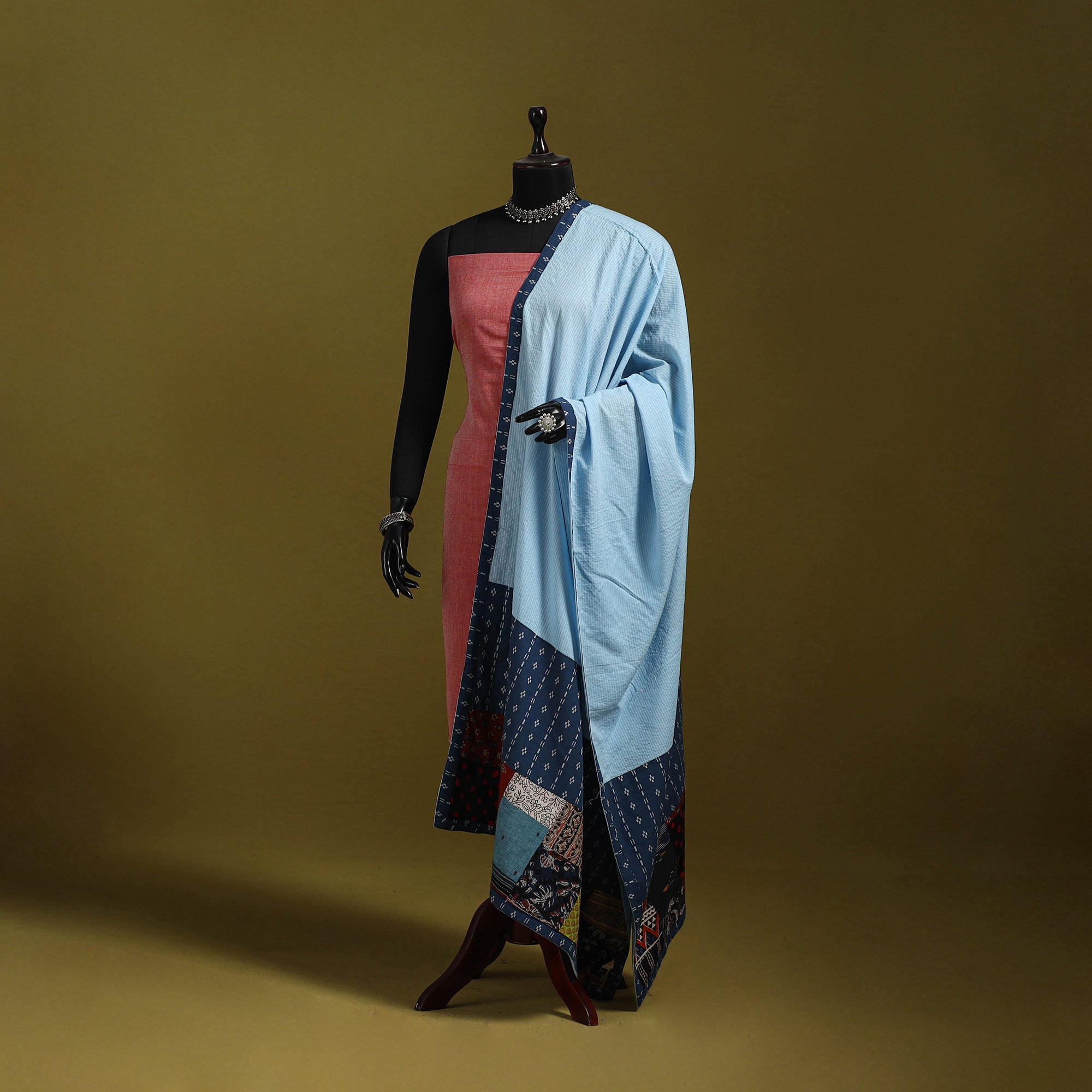 Blue Running Stitch with Patchwork Cotton Dupatta