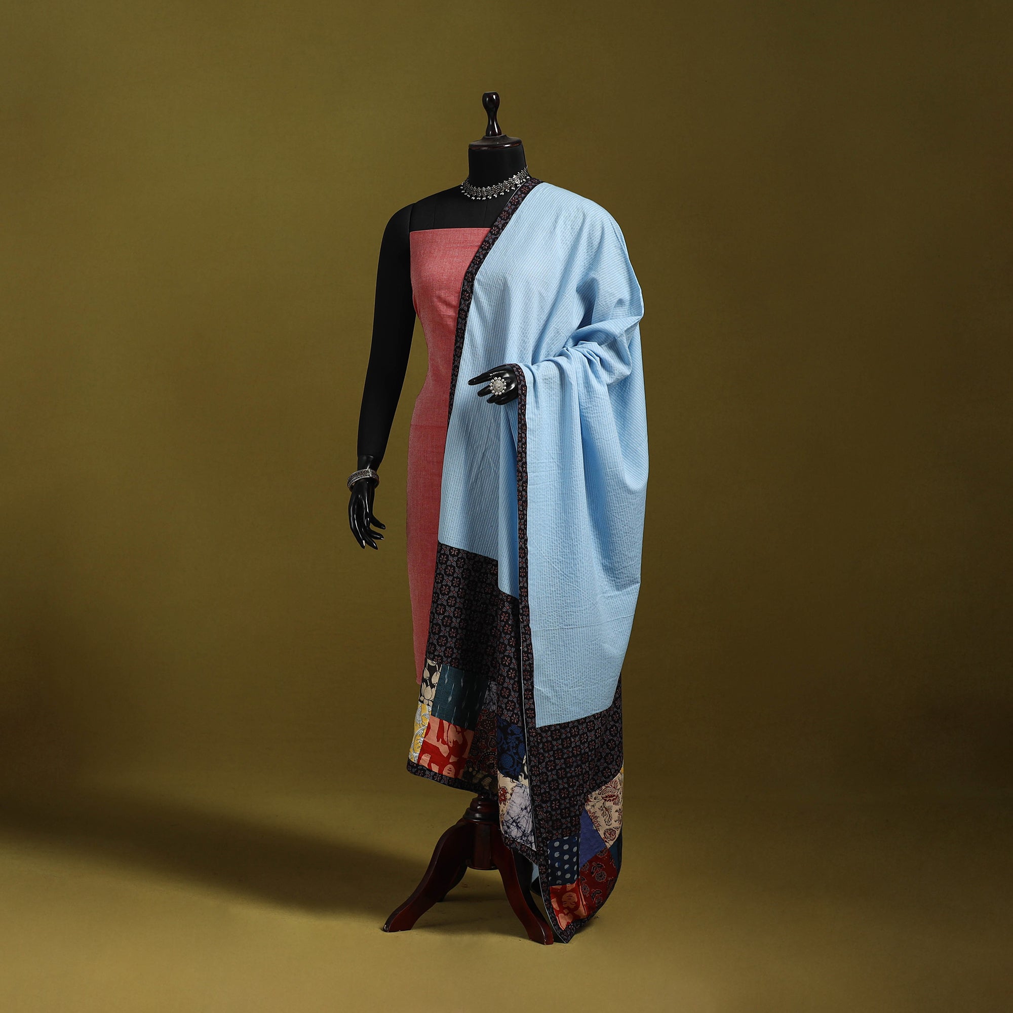 Blue Running Stitch with Patchwork Cotton Dupatta