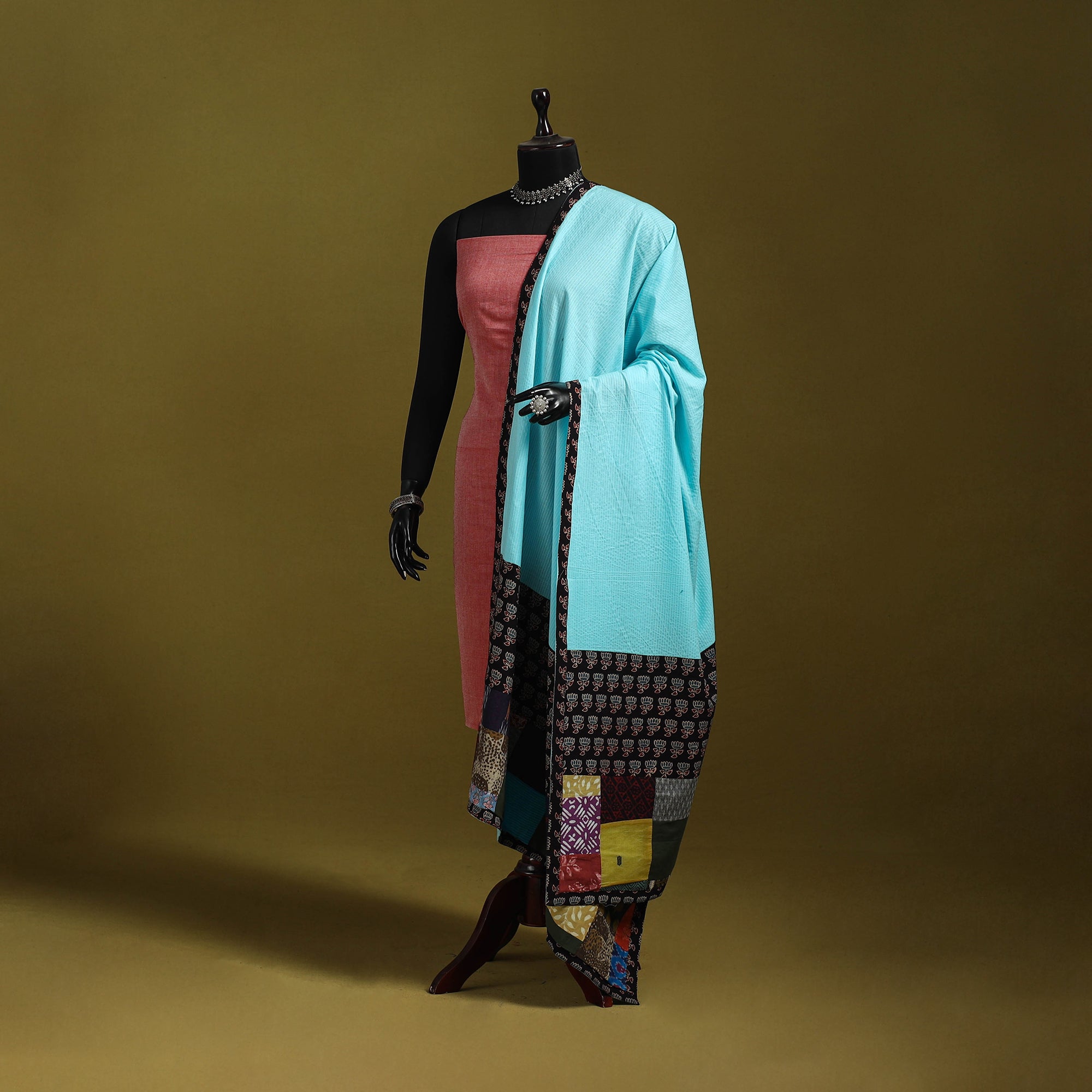 Blue Running Stitch with Patchwork Cotton Dupatta