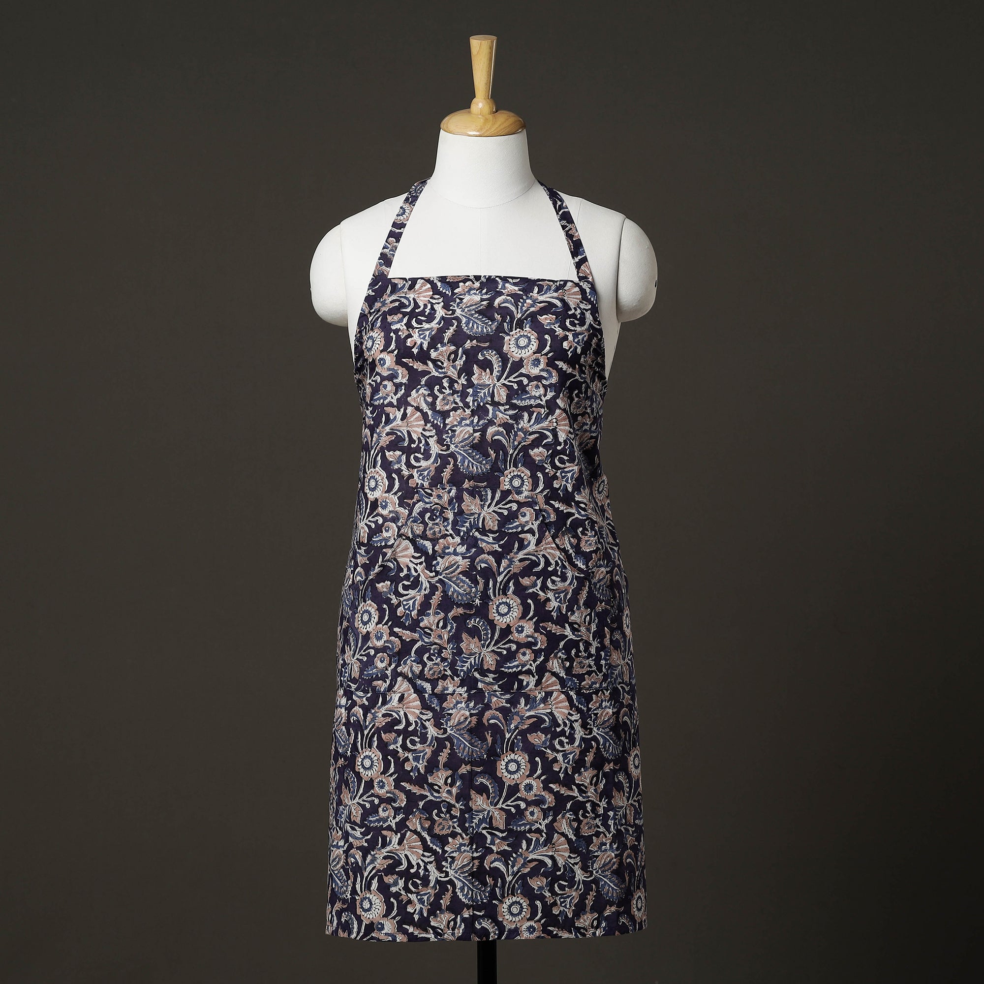 Blue Sanganeri Block Printed Cotton Apron with Pocket