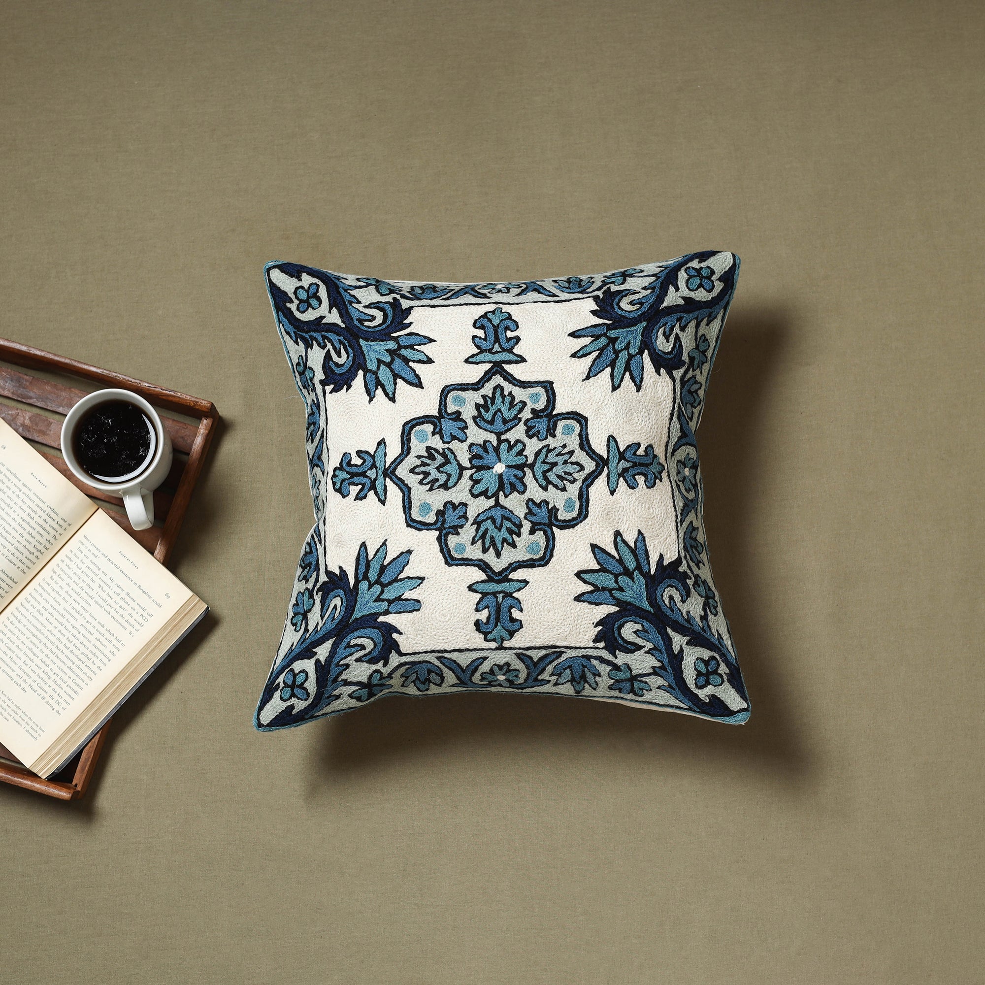 Blue Wool Thread Crewel Hand Embroidery Cushion Cover