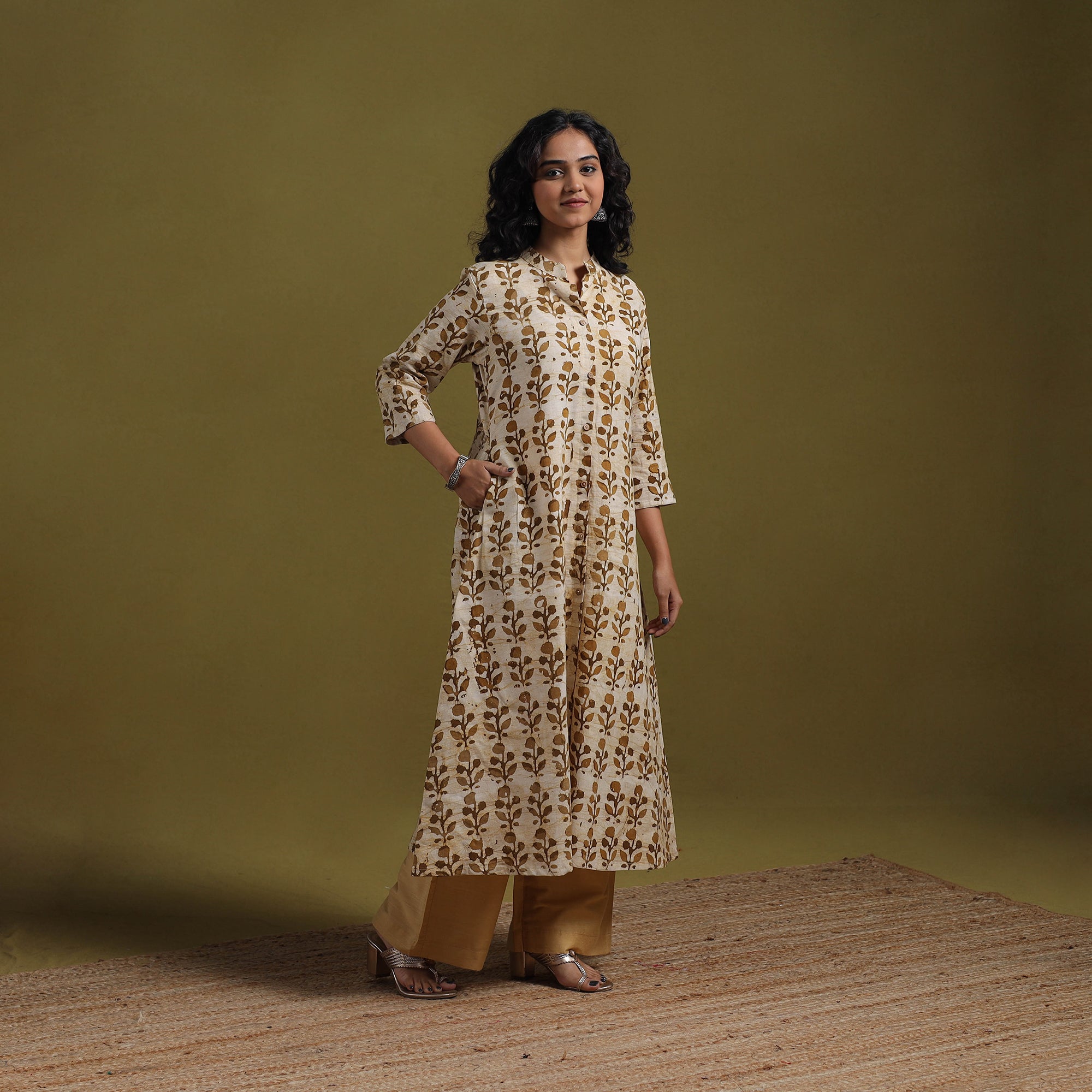 Brown Cotton Hand Block Batik Print A-Line Kurta for women