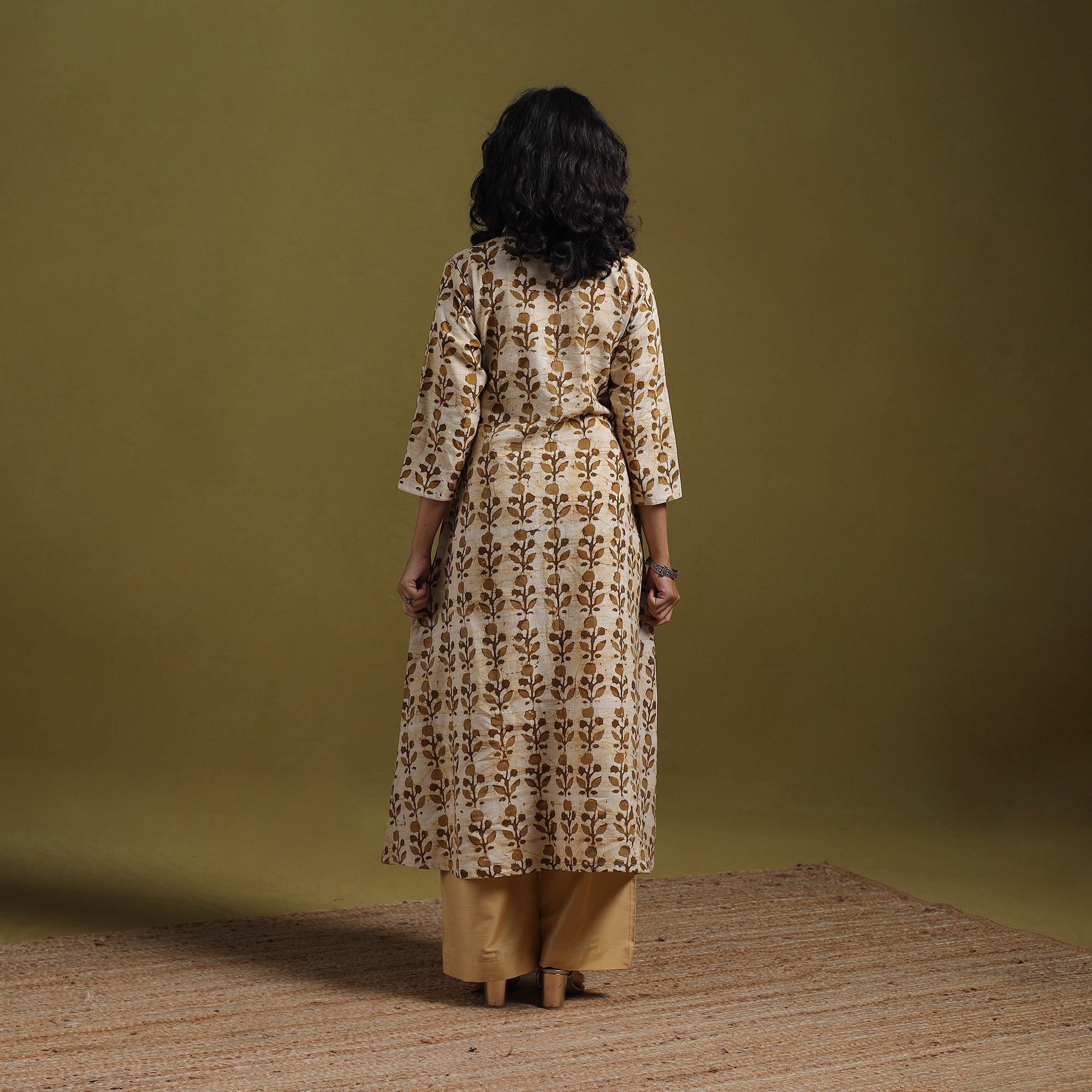 Brown Cotton Hand Block Batik Print A-Line Kurta for women