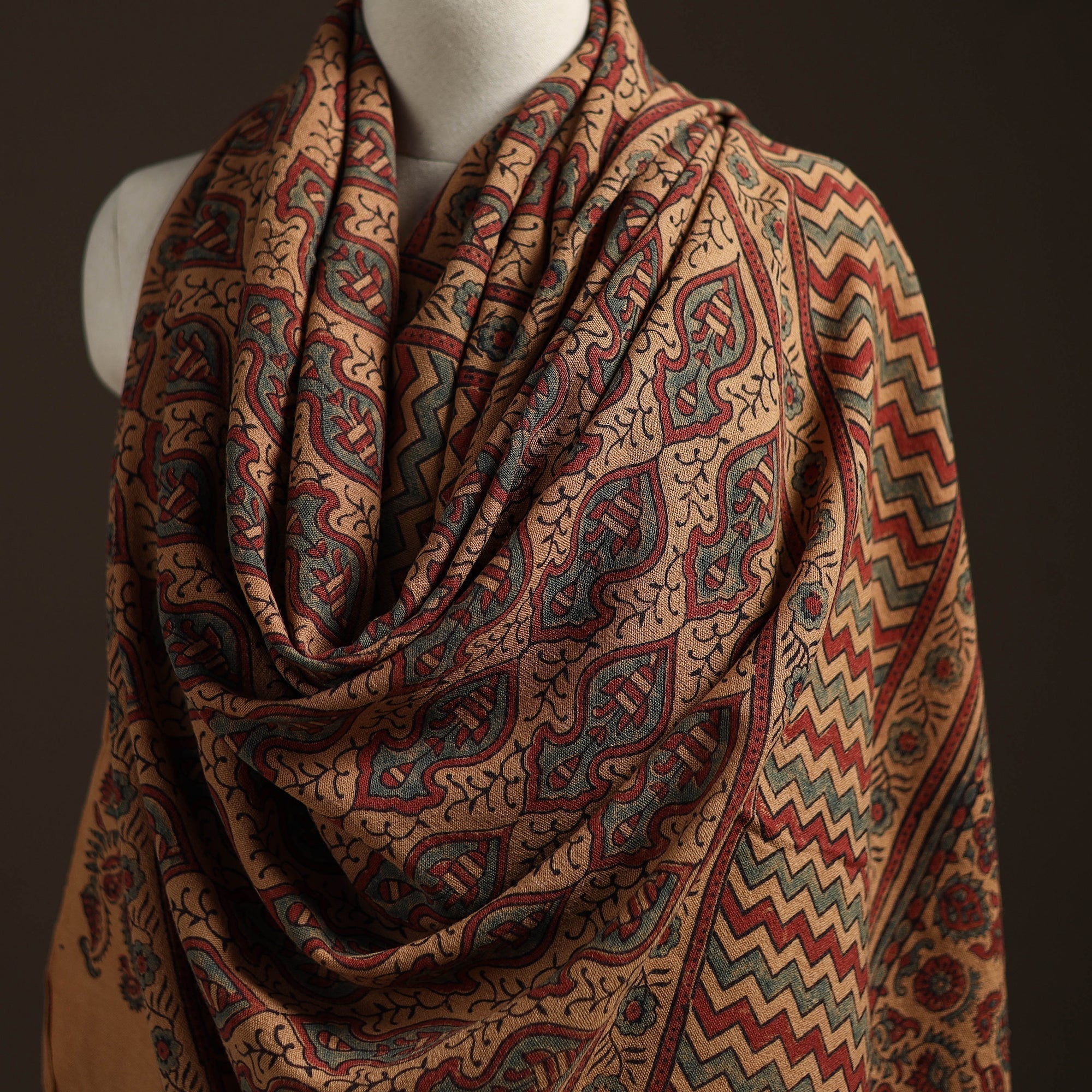 Brown Ajrakh Hand Block Print Natural Dyed Handwoven Acrylic Wool Shawl