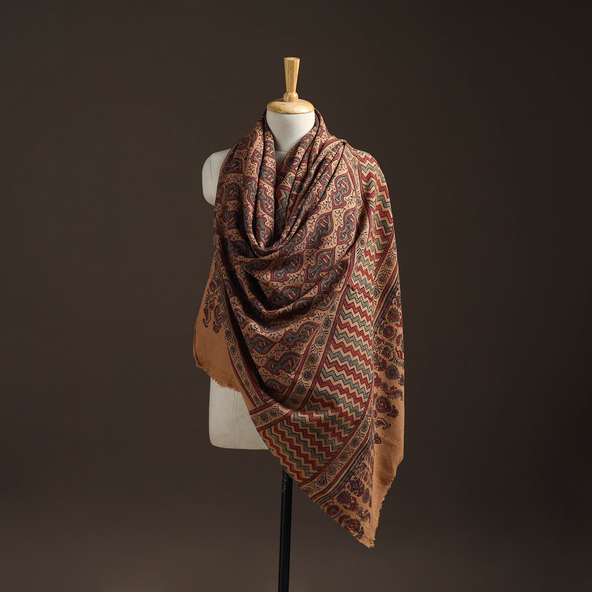 Brown Ajrakh Hand Block Print Natural Dyed Handwoven Acrylic Wool Shawl