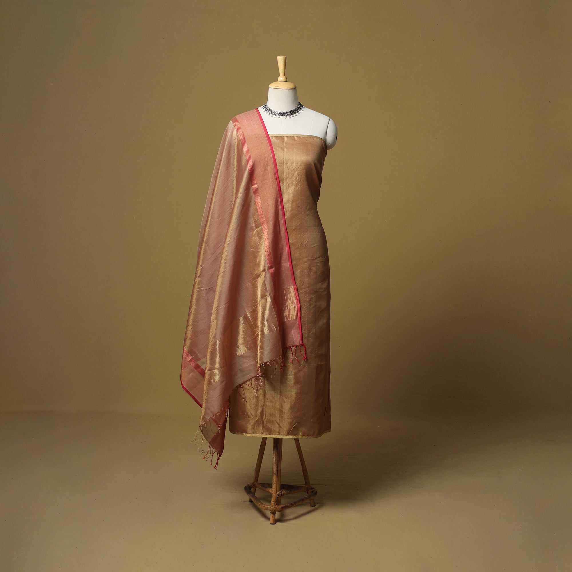 Brown Handloom Maheshwari Silk Tissue Zari 2pc Unstitched Dress ...