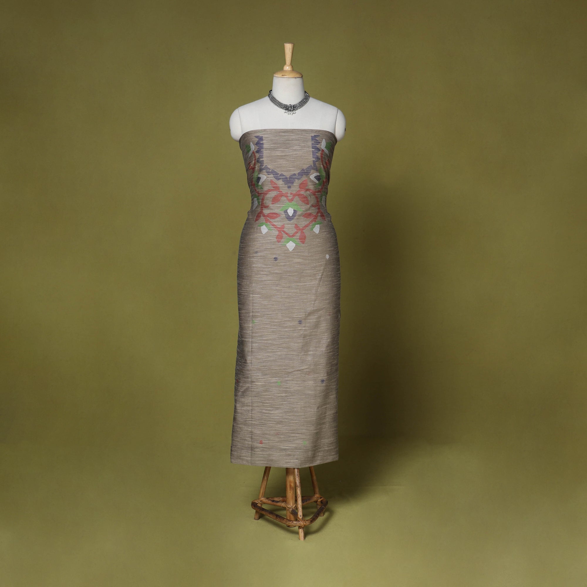 Brown Handloom Silk Cotton Unstitched Phulia Jamdani Kurta Material