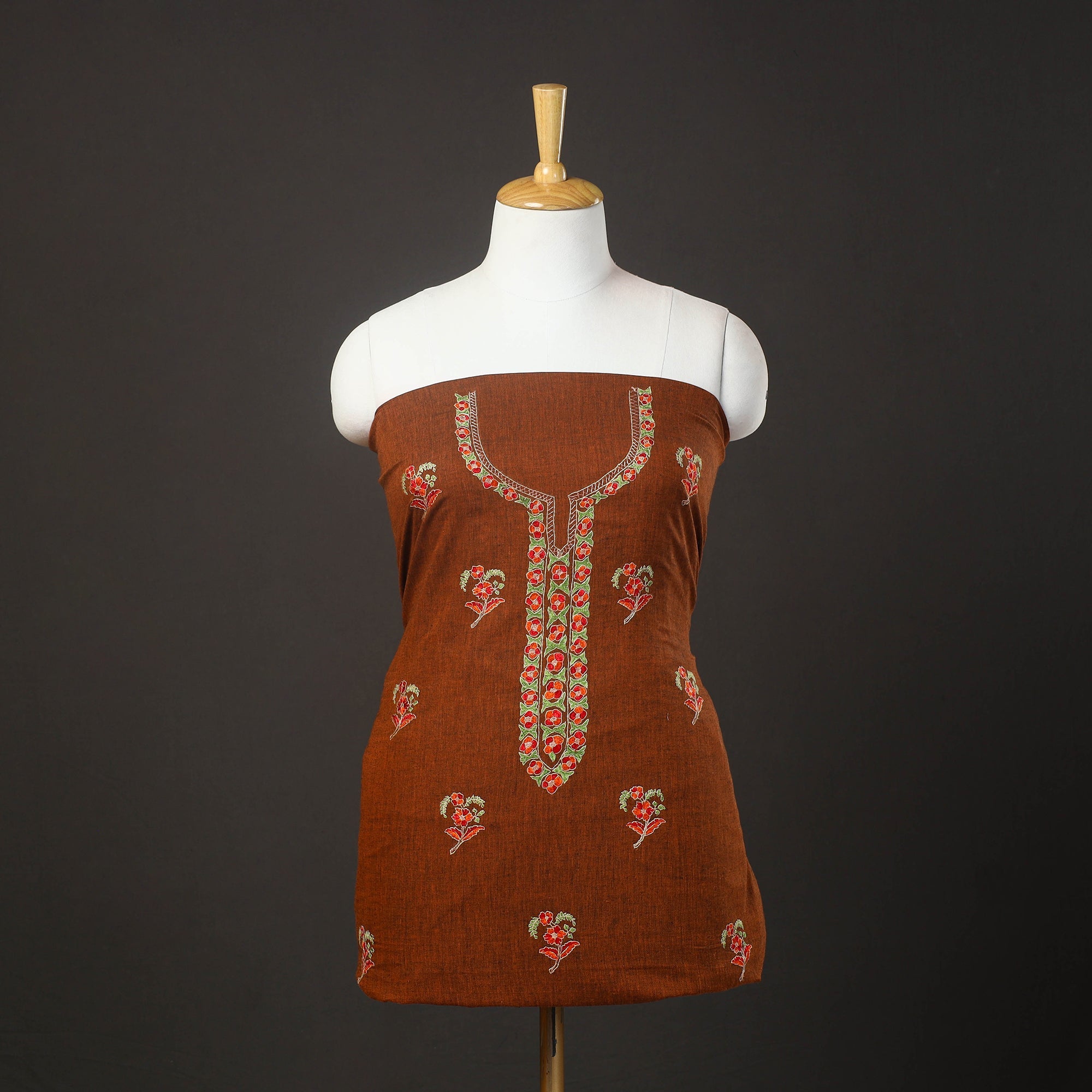 Brown Kashida Hand Embroidery Cotton Kurta Material