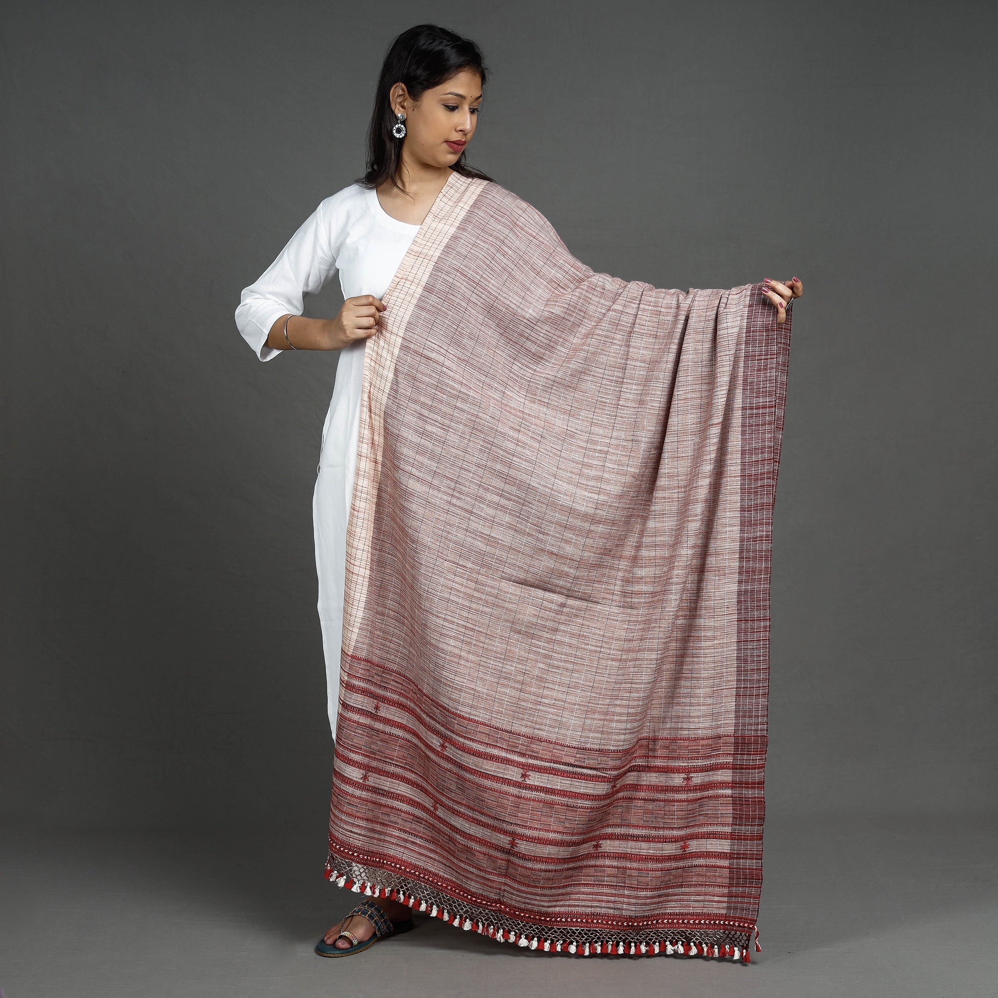 Kutch Bhujodi Handloom Fine Cotton Dupatta with Tassels