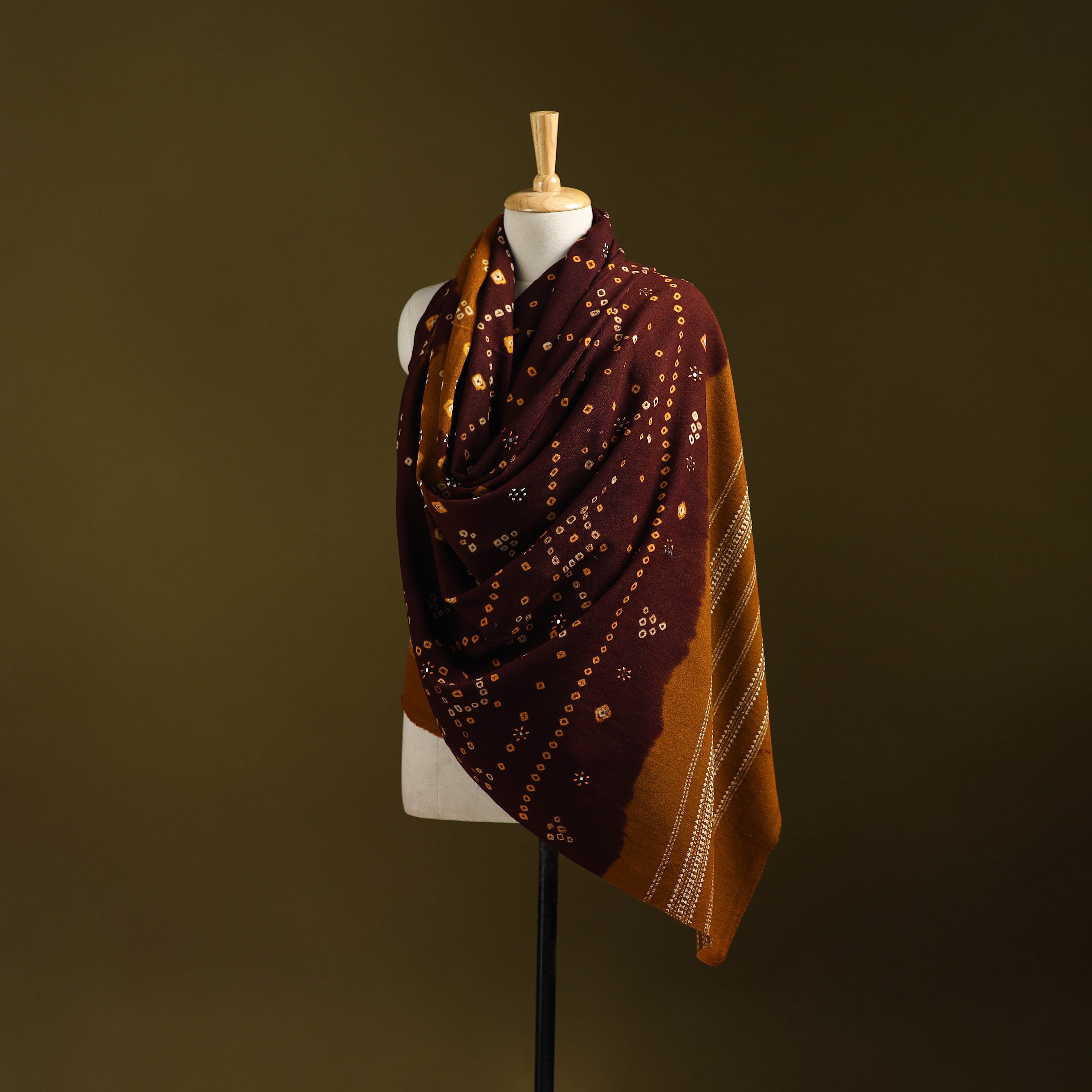 Brown Kutch Mirror Work Handwoven Bandhani Bagida Merino Wool Shawl