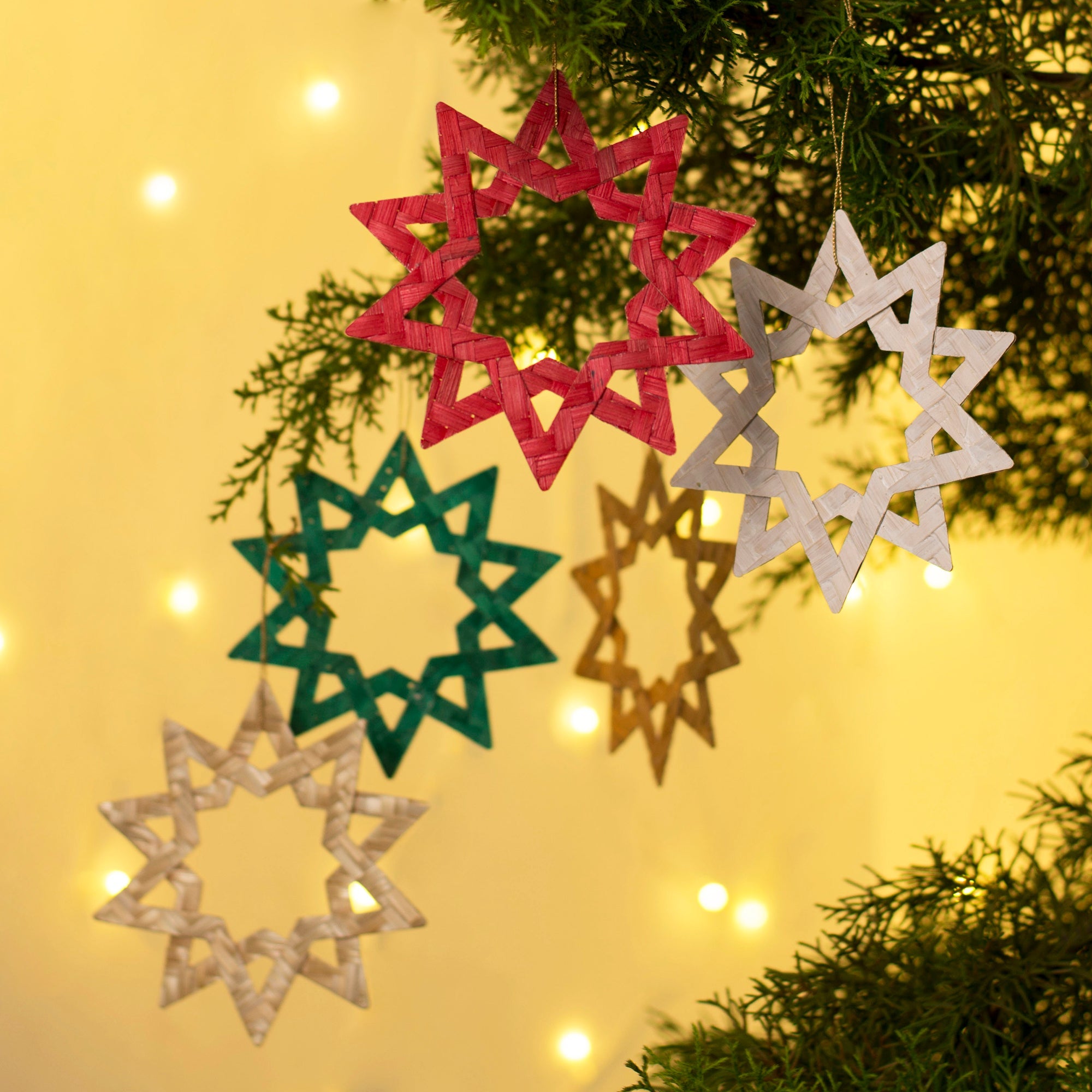 Christmas Decor Bamboo Star Hanging (Set of 6 - Assorted Colors)