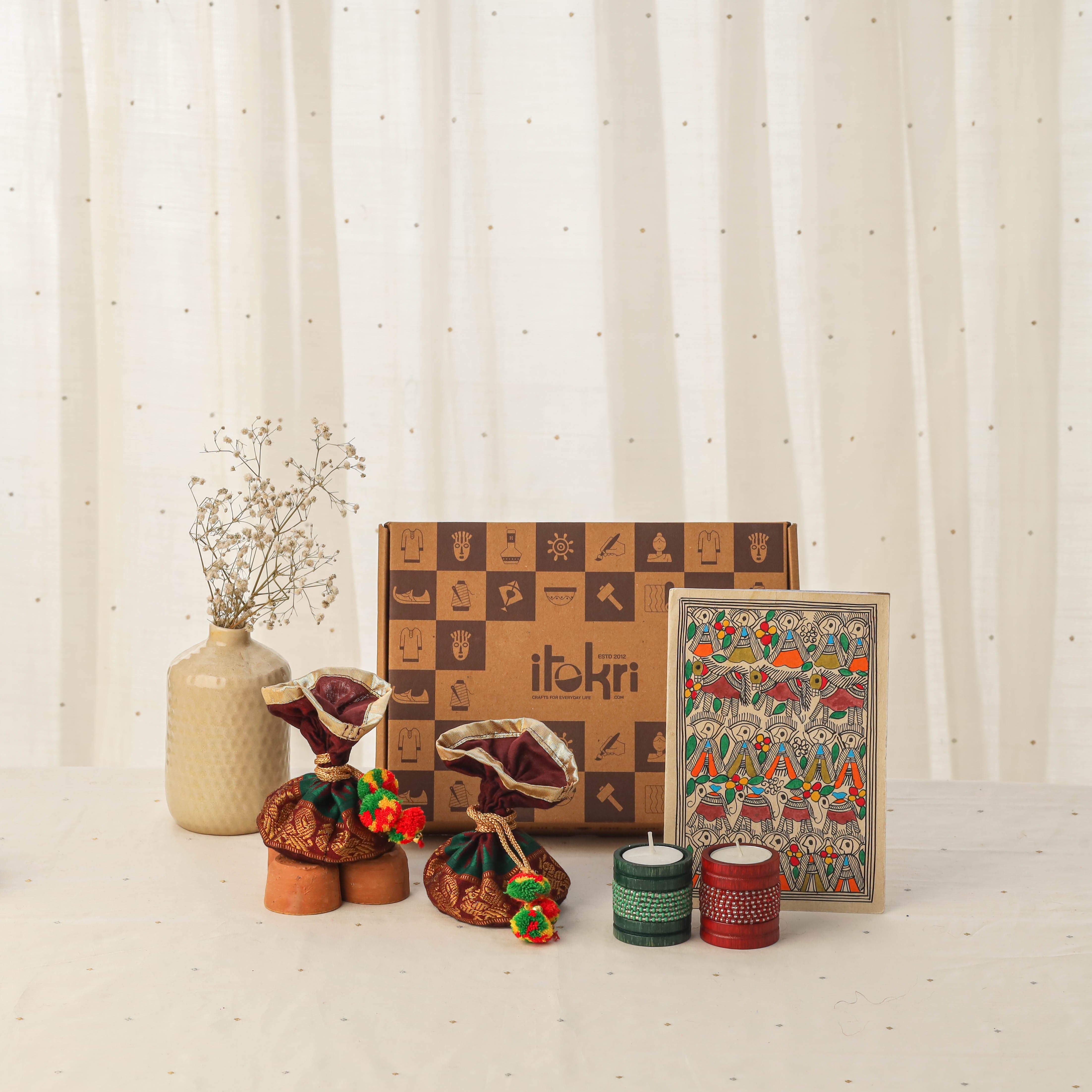 Diwali Gift Hamper - Festive Bamboo Tealight Candle Holder With Dryfru