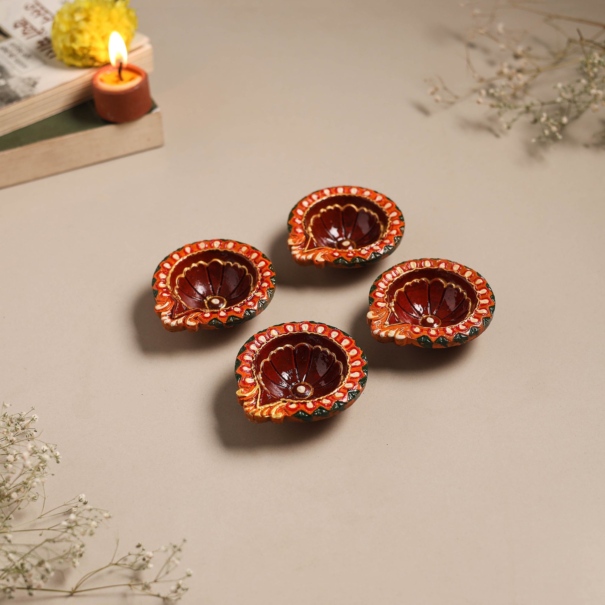 Festive Handpainted Clay Diya (Set of 4)