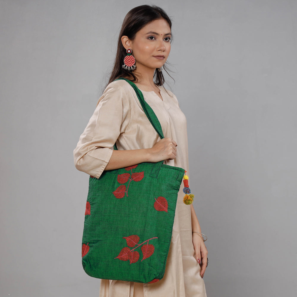 Green Chandi Maati Kantha Work Cotton Tote Bag