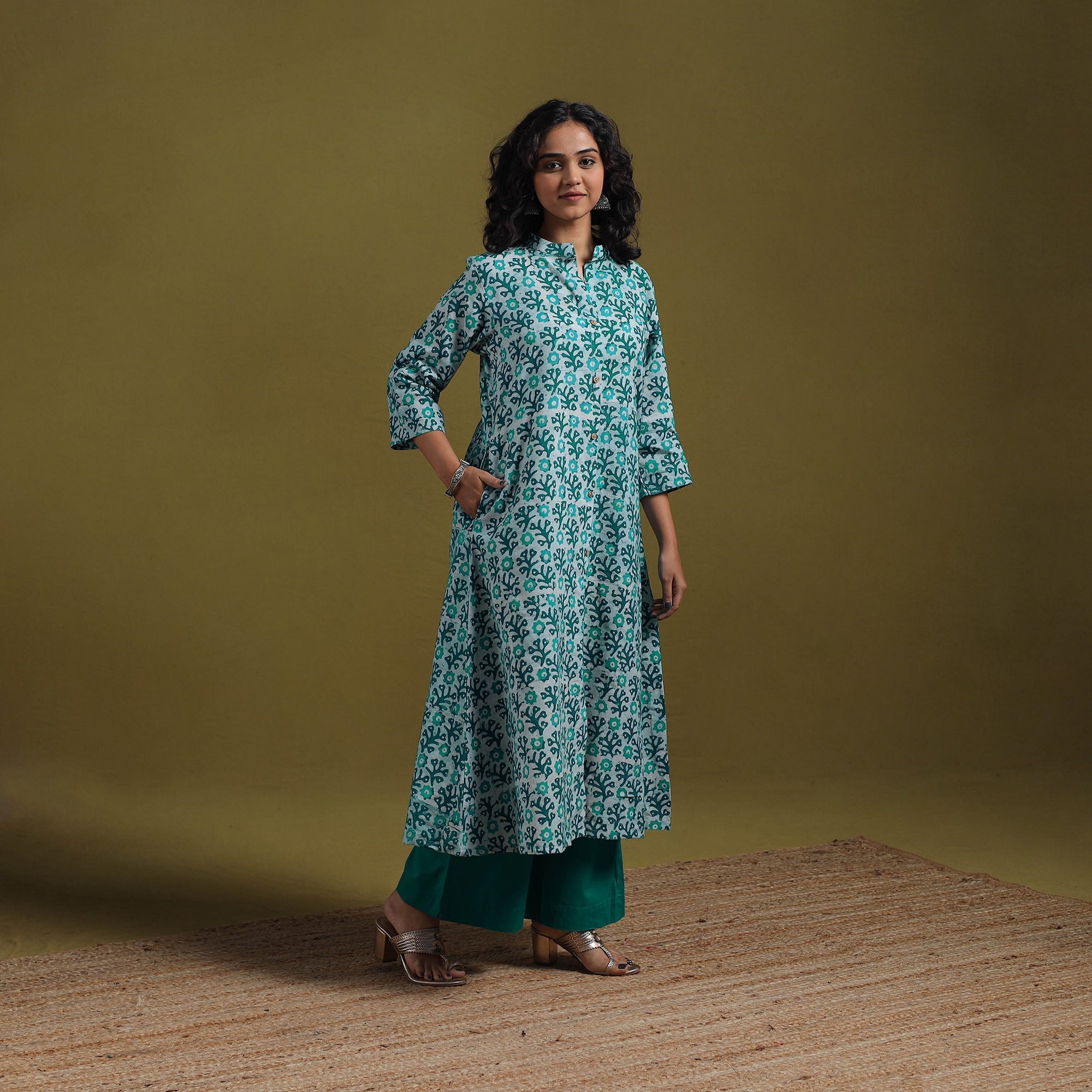 Green Cotton Hand Block Batik Print A-Line Kurta for women