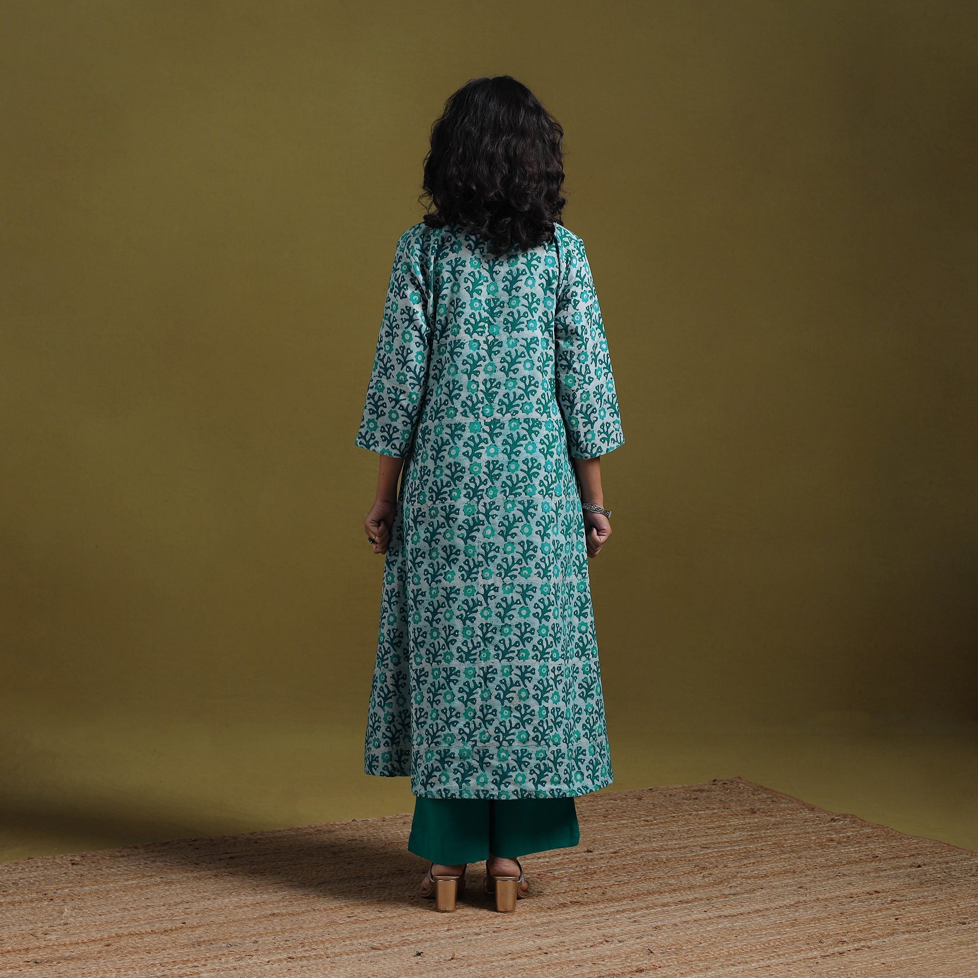 Green Cotton Hand Block Batik Print A-Line Kurta for women