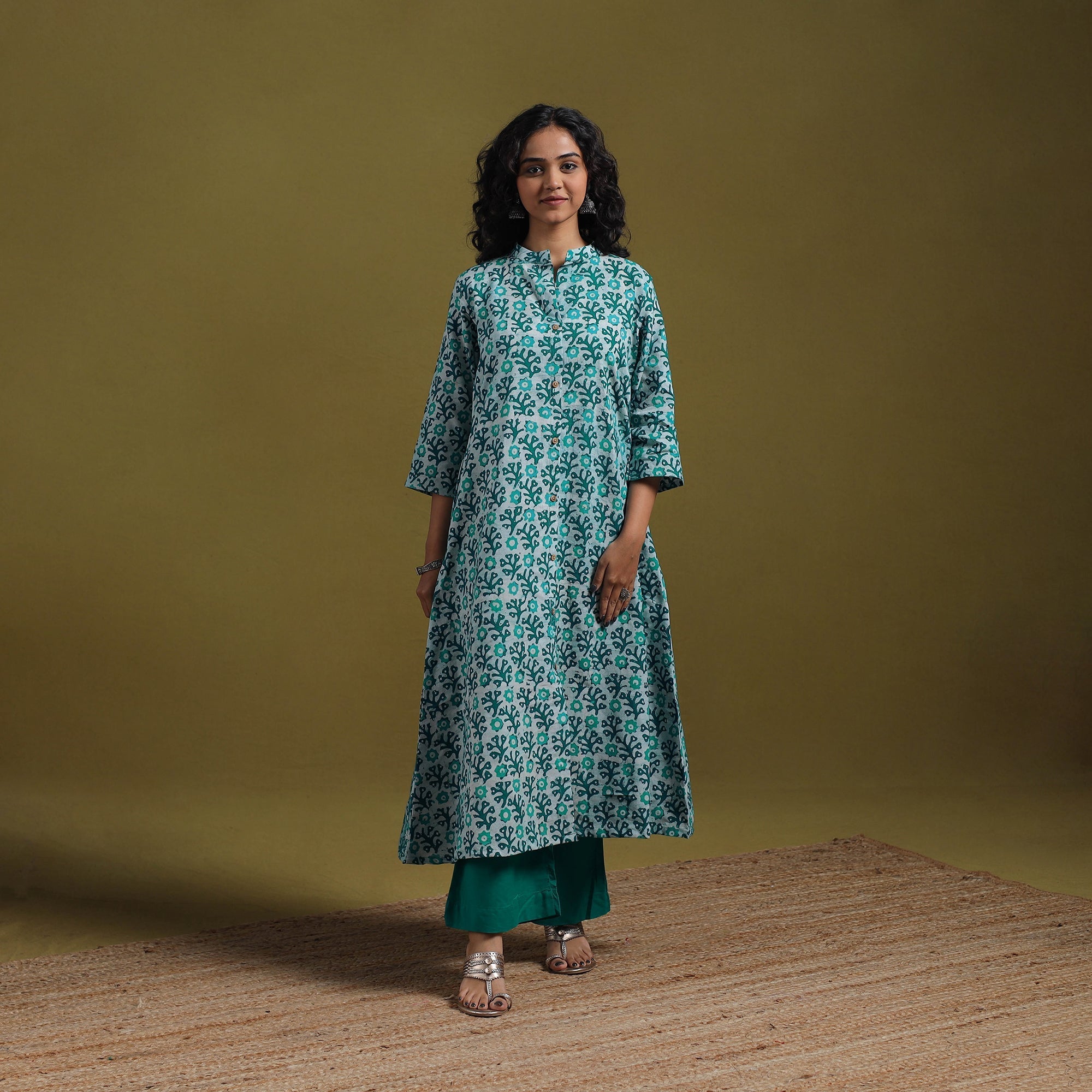 Green Cotton Hand Block Batik Print A-Line Kurta for women