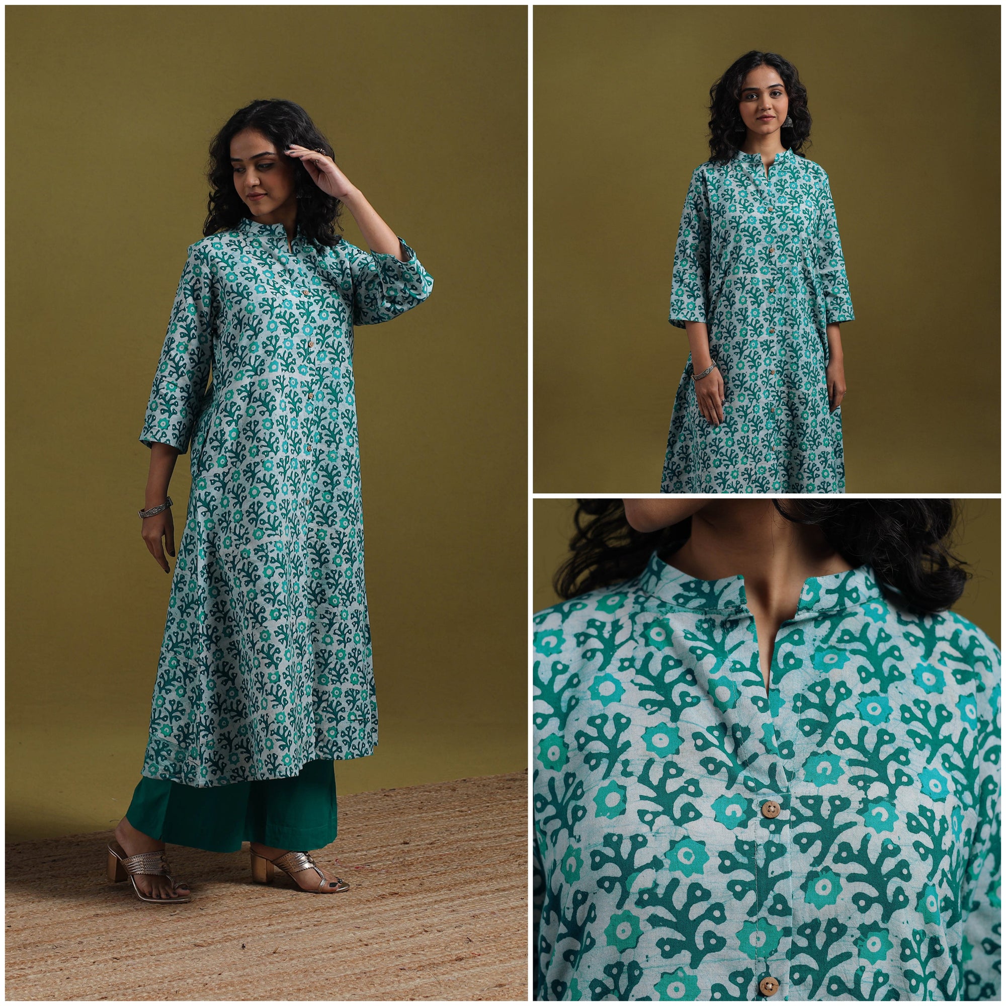 Green Cotton Hand Block Batik Print A-Line Kurta for women