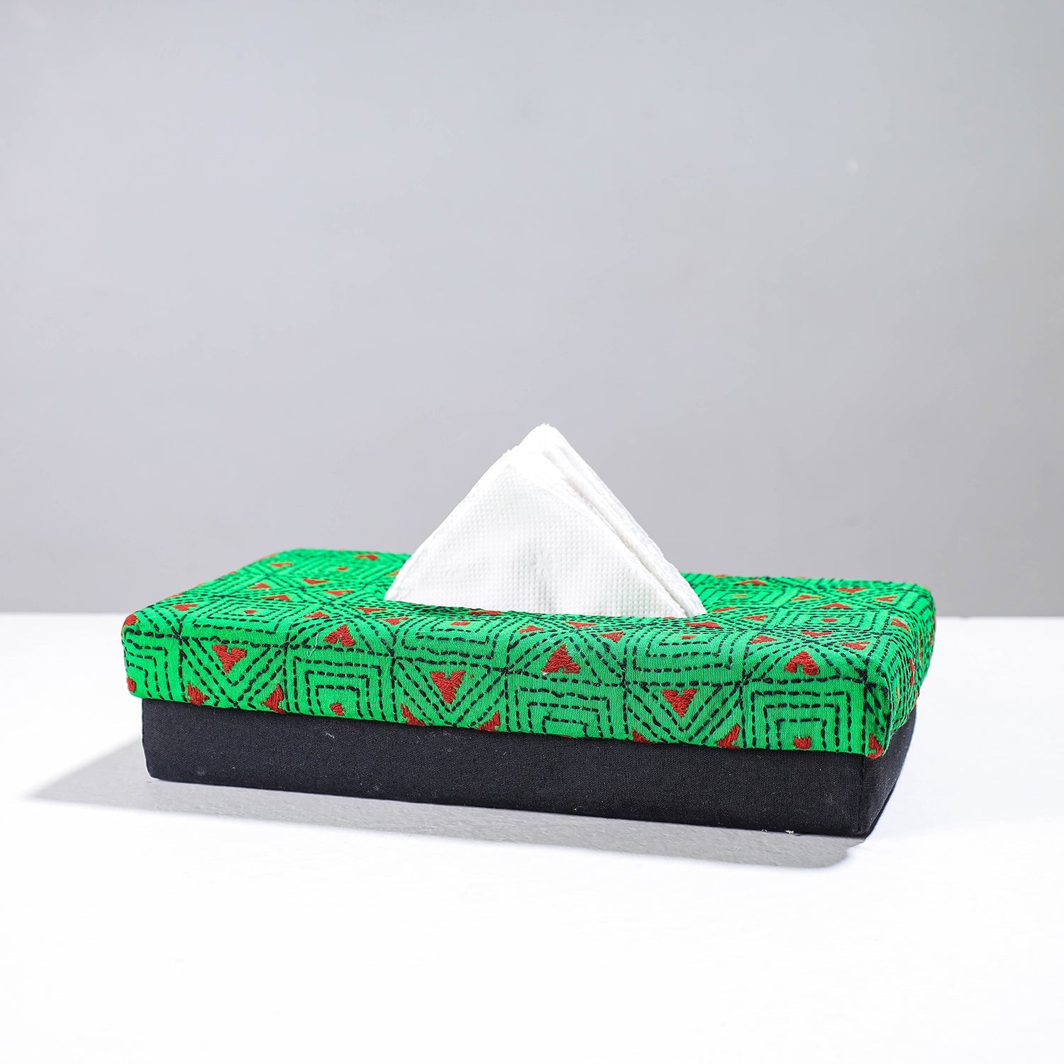 Green Handcrafted Bengal Kantha Work Tissue Box