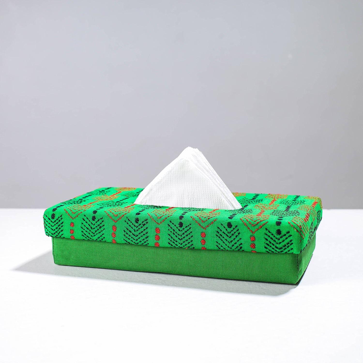 Green Handcrafted Bengal Kantha Work Tissue Box