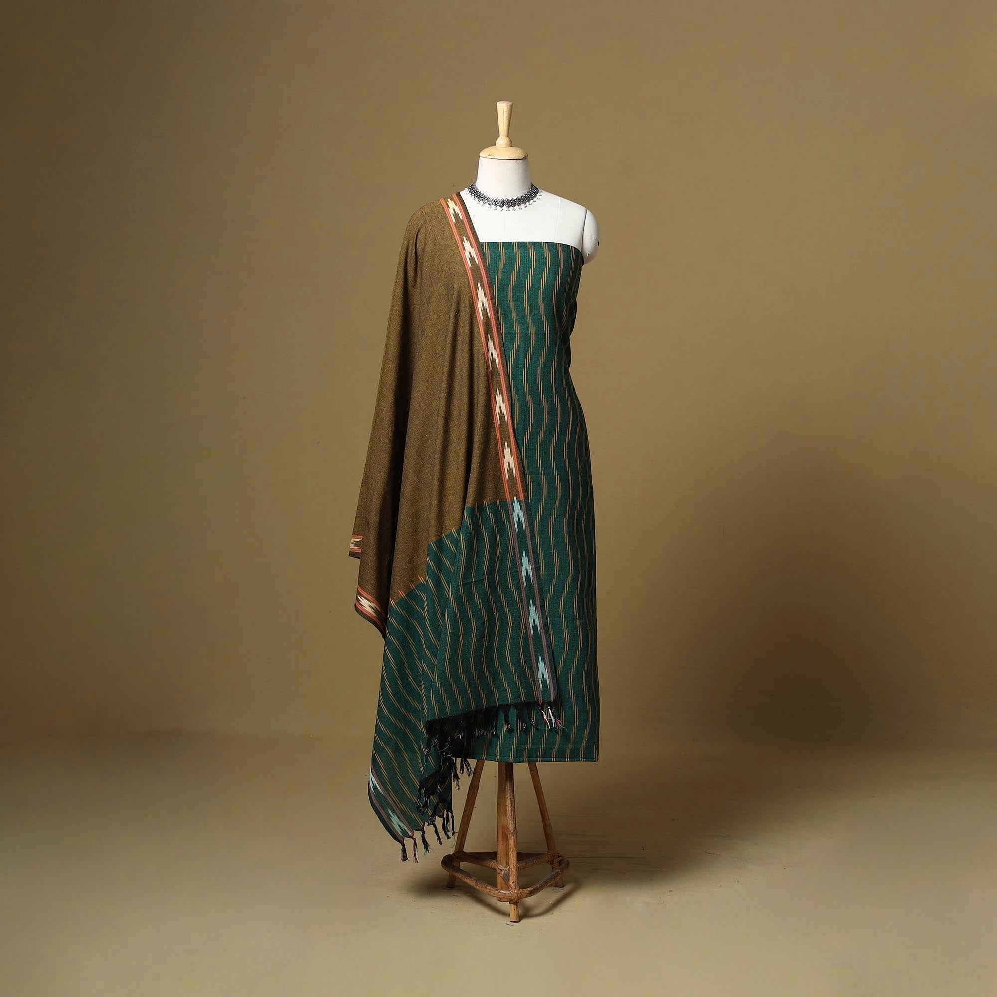 Green Handloom Cotton Pochampally Ikat 3pc Unstitched Dress Material