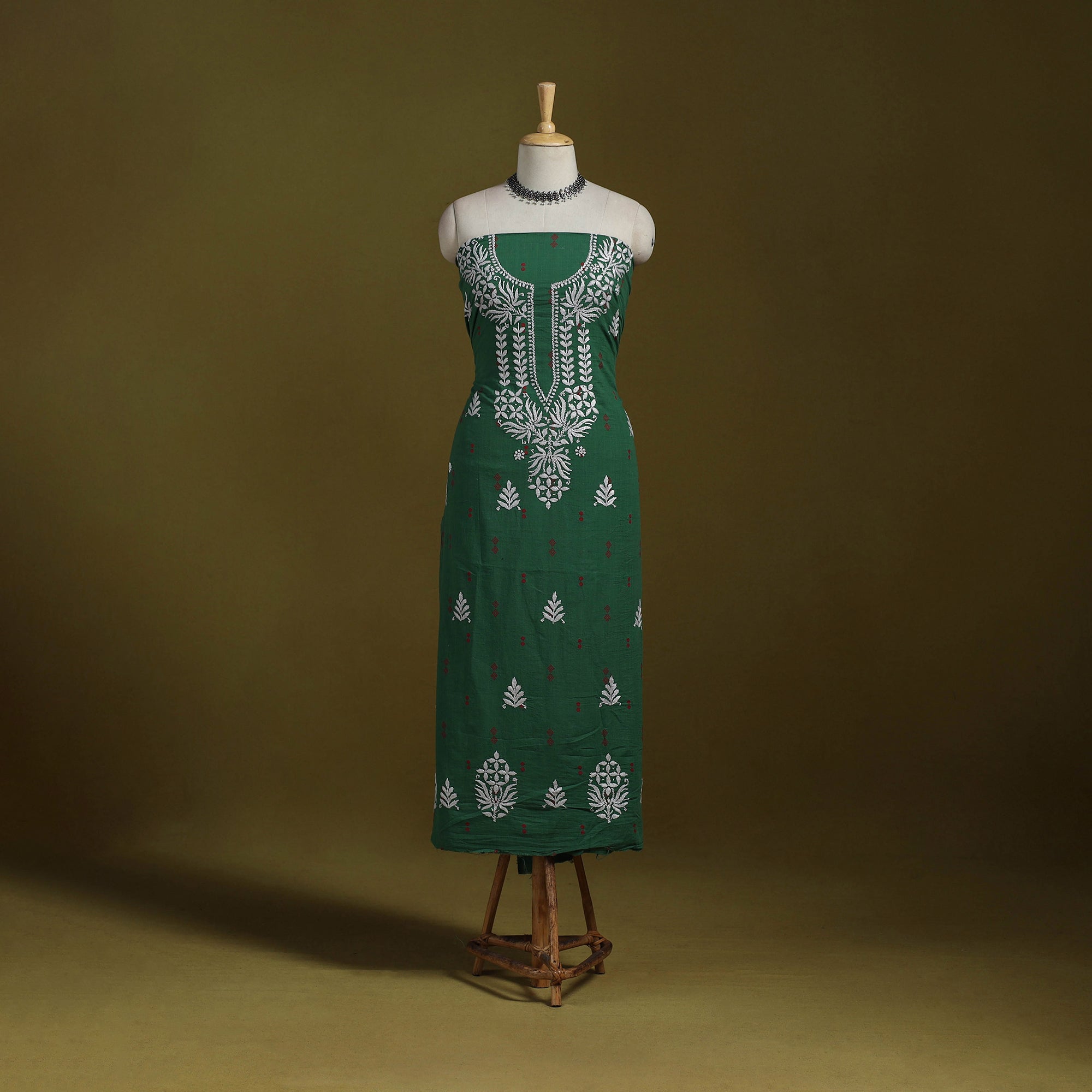 Green Lucknowi Chikankari Work Jacquard Unstitched Kurta Material