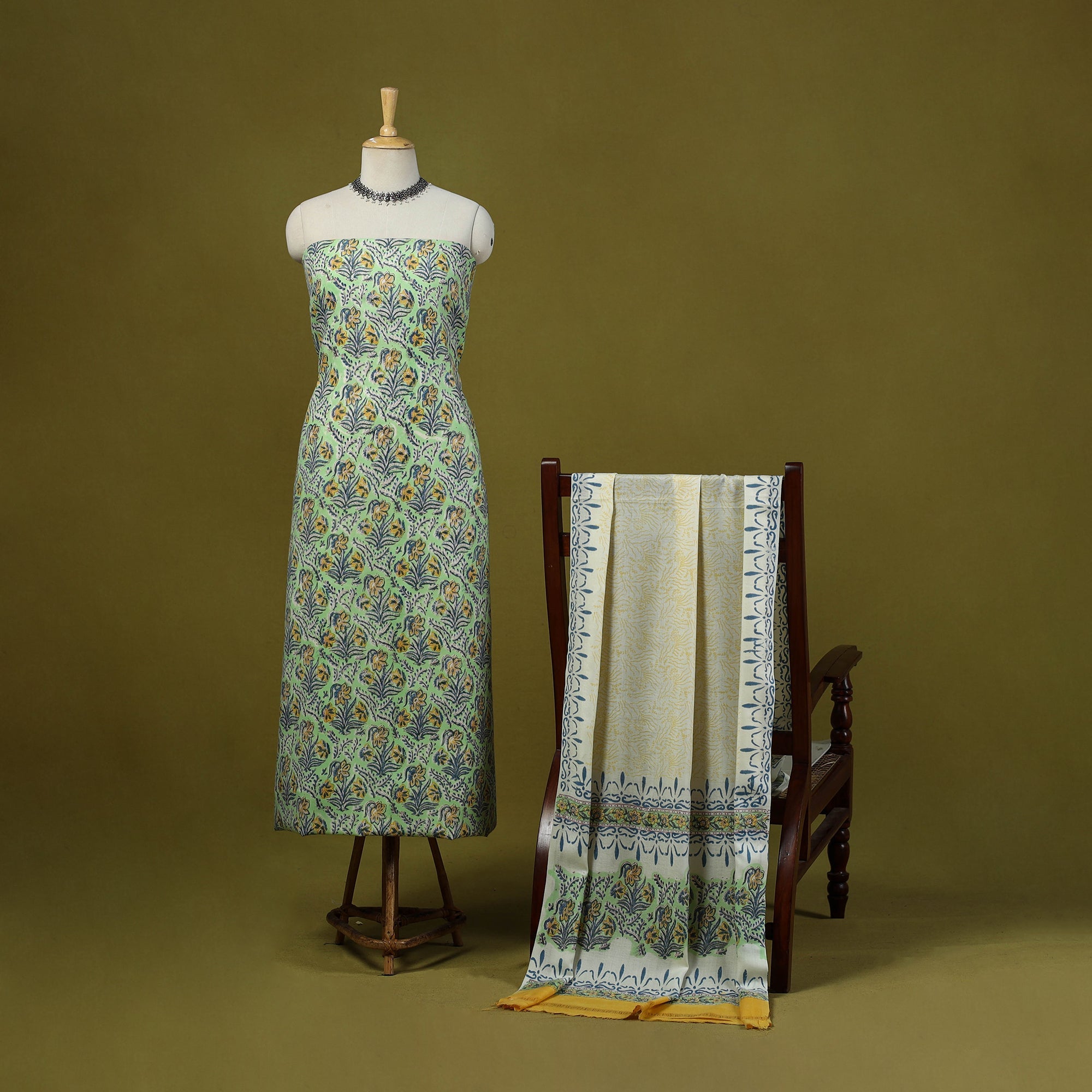 Green Merino Wool Block Print Sanganeri 3pc Unstitched Dress Material