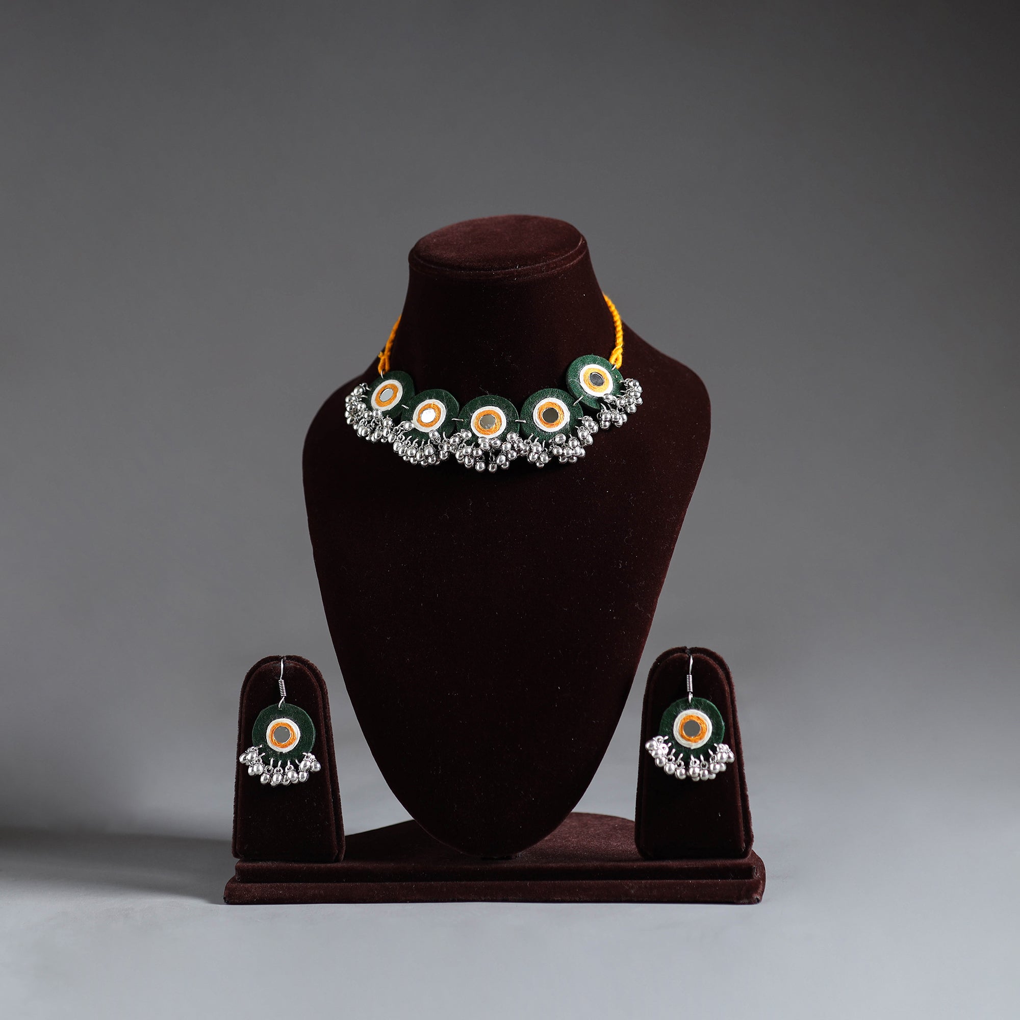 Green Fabart German Silver Mirror Work Choker Necklace Set