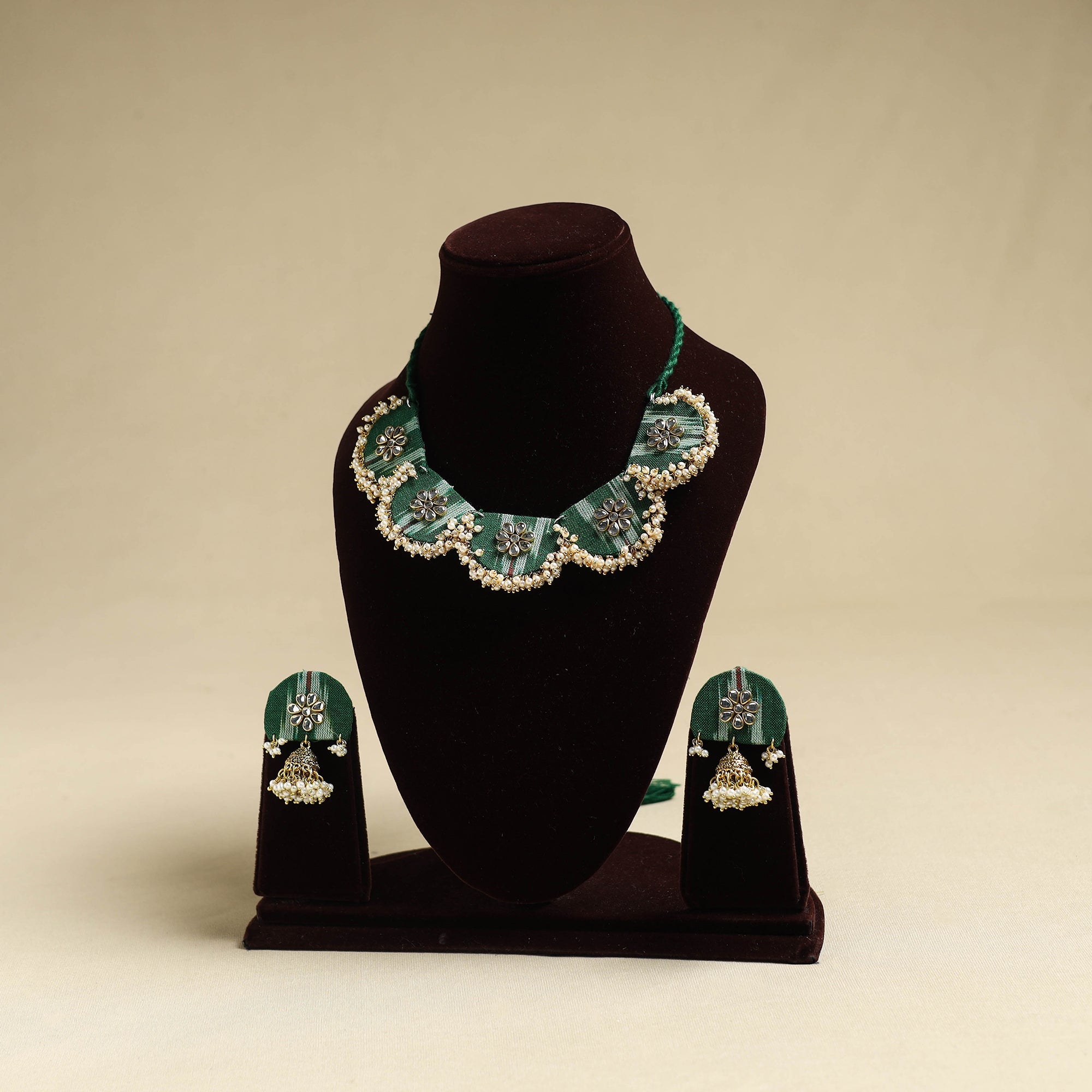 Green Fabart Pearl & Stone Work Necklace Set