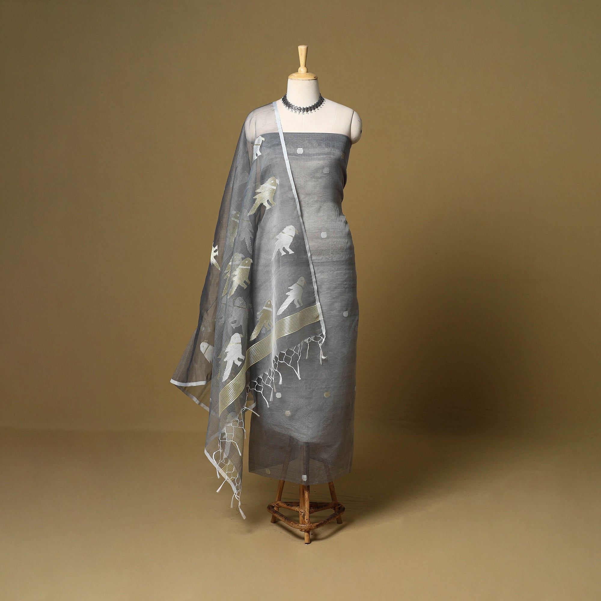Grey 2pc Handloom Mulberry Silk Unstitched Phulia Jamdani Dress ...