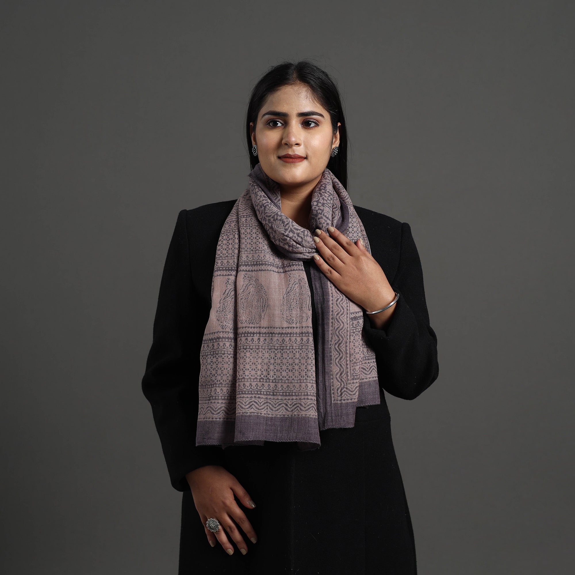 Grey Bagh Hand Block Printed Merino Woollen Stole