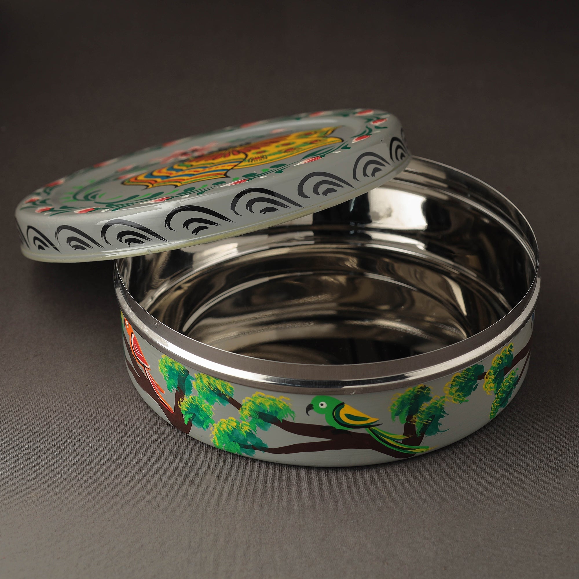 Grey Banaras Handpainted Stainless Steel Chapati Box