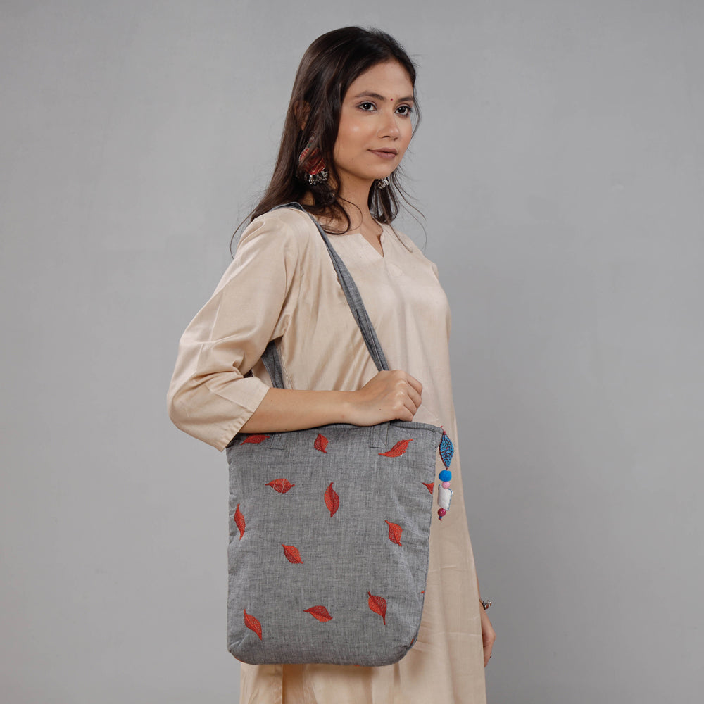 Grey Chandi Maati Kantha Work Cotton Tote Bag