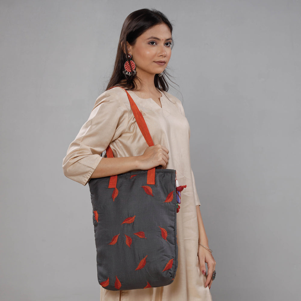 Grey Chandi Maati Kantha Work Cotton Tote Bag