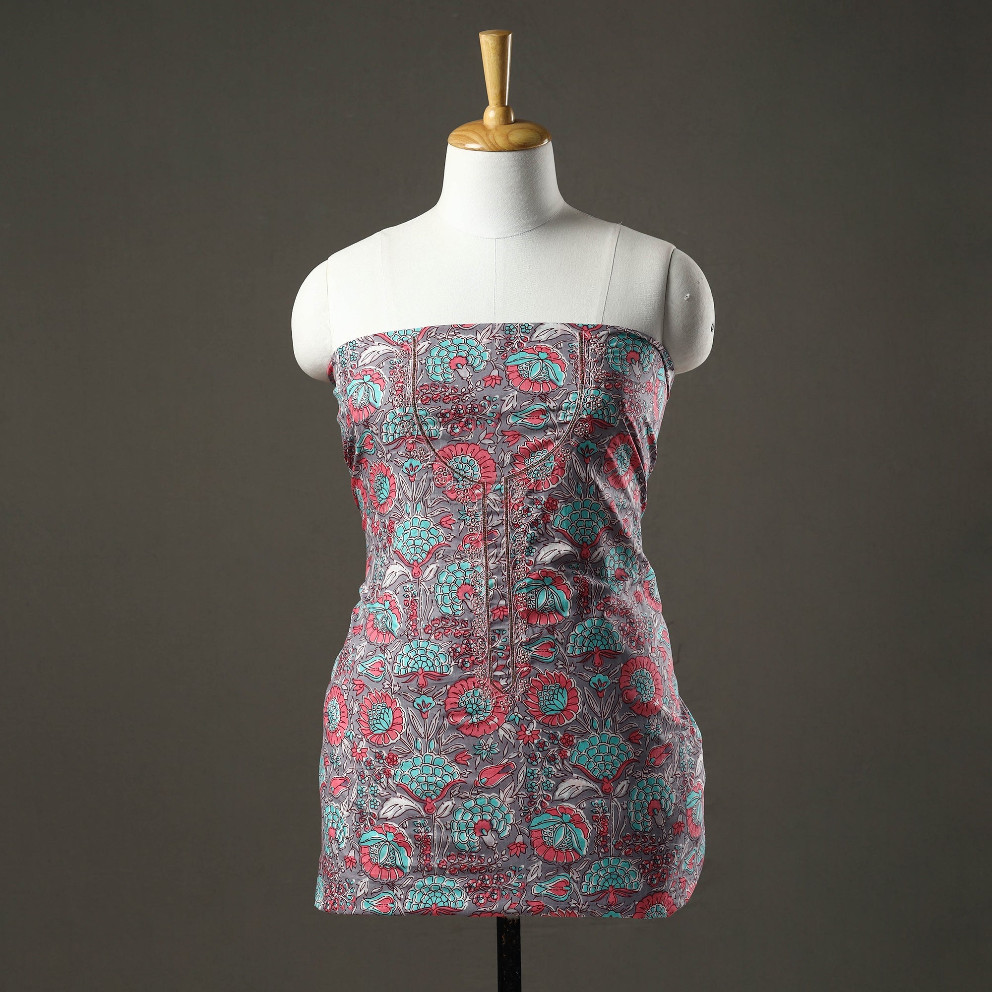 Grey Sanganeri Print Cotton Kurta Material 2.5 Meter