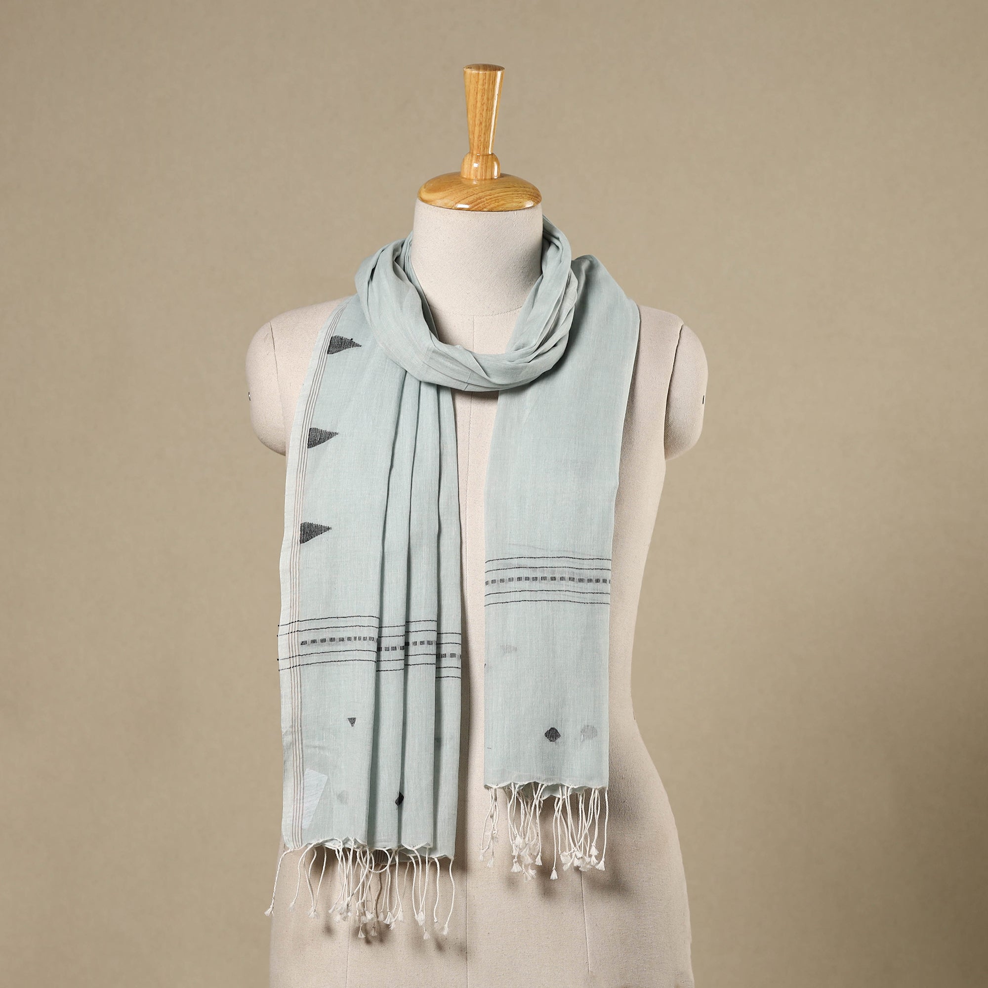 Grey Handloom Cotton Phulia Jamdani Stole with Tassels