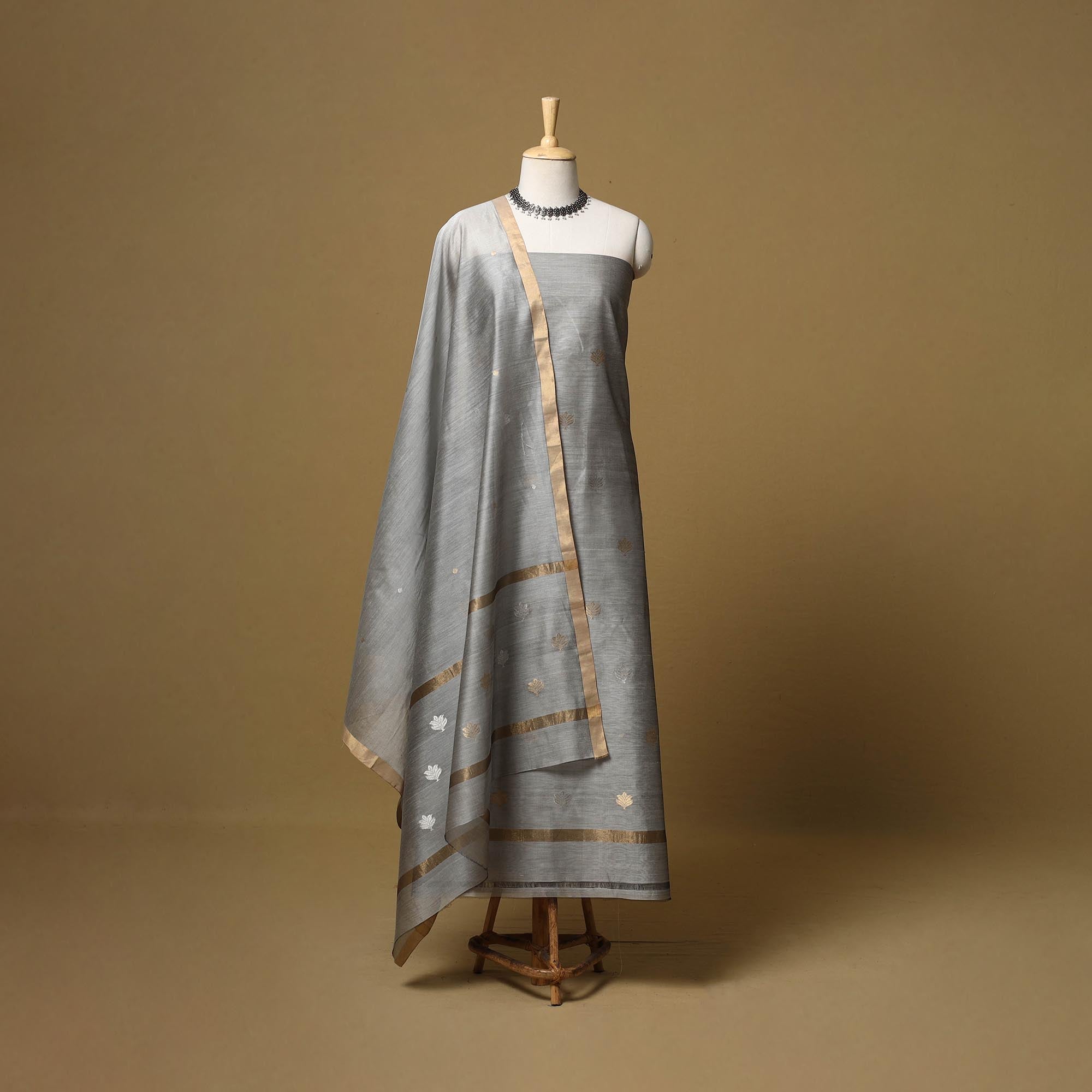 Grey Handloom Zari Buti Chanderi Silk 2pc Unstitched Dress Material ...