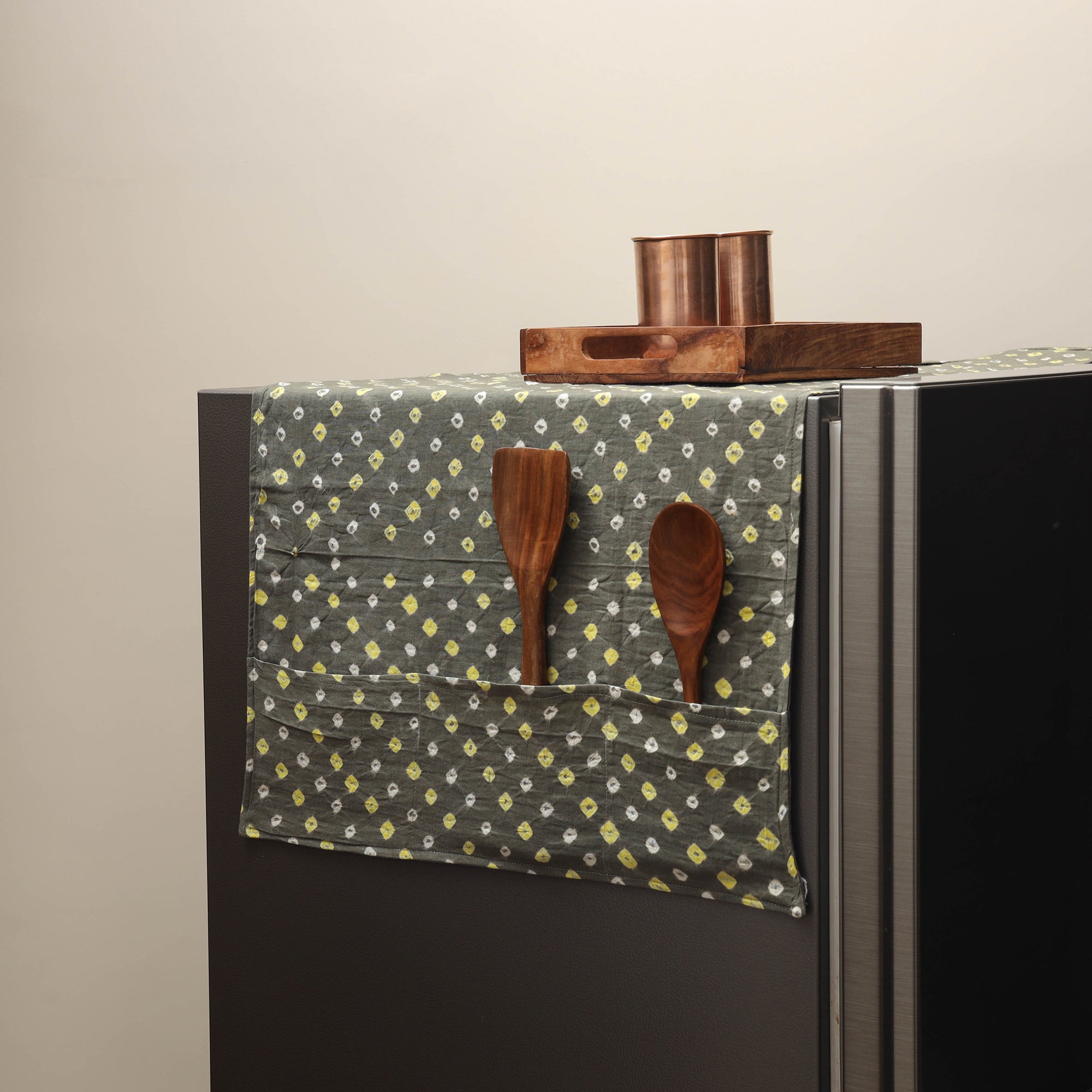 Grey Handmade Fridge Top Cover with Multiple Pockets
