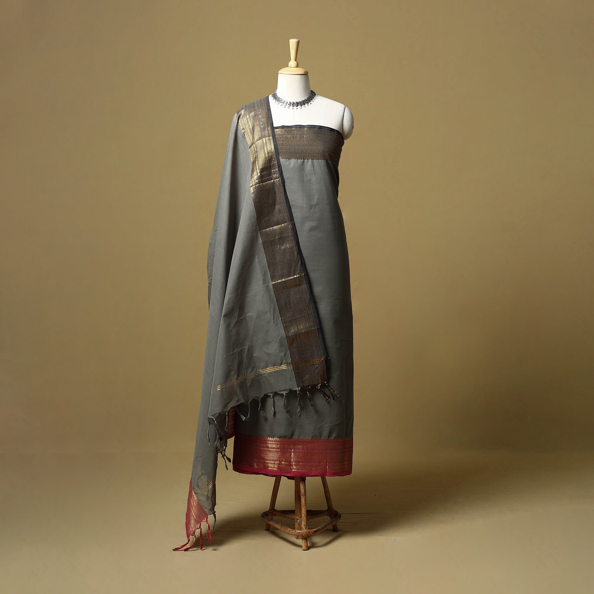 Grey Kandangi Chettinad Cotton 2pc Unstitched Dress Material Suit Set